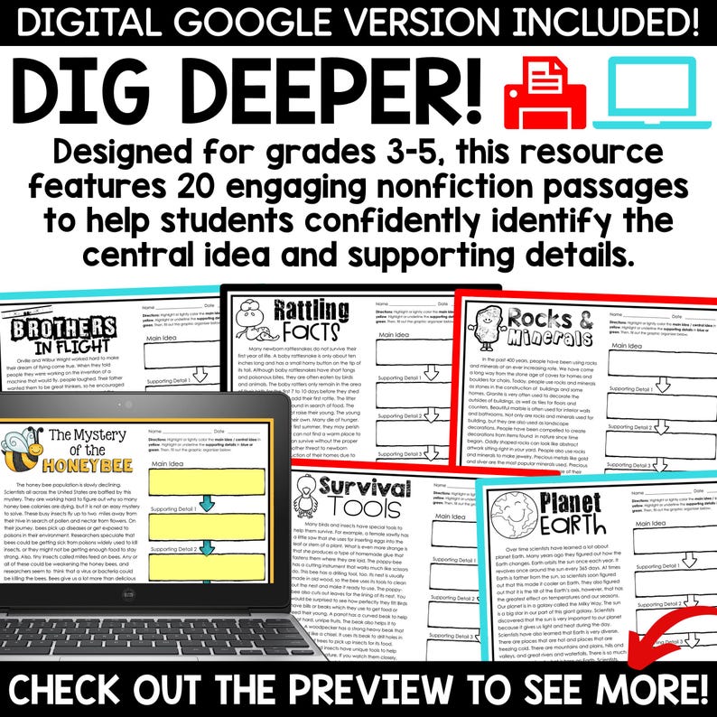 Main Idea and Supporting Details Worksheets 3rd, 4th, 5th Grade ...