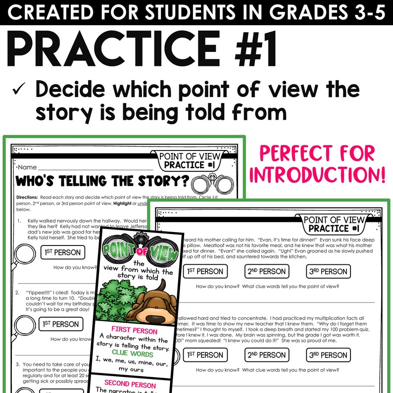 Point of View Anchor Chart, Worksheets, Printables, Short Stories for ...