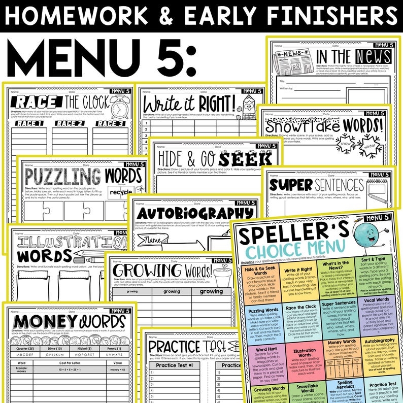 Spelling Word Work 3rd 4th 5th Grade Spelling Practice Activities ...