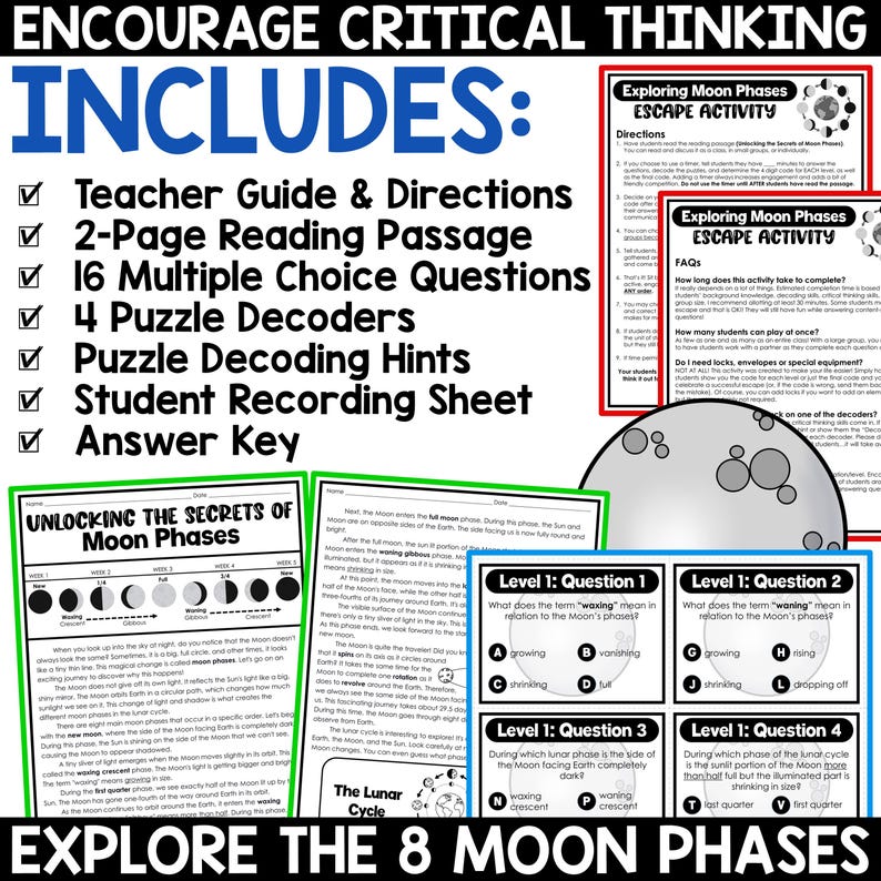 Moon Phases Escape Room Activity, Teaching Phases of the Moon, Science ...
