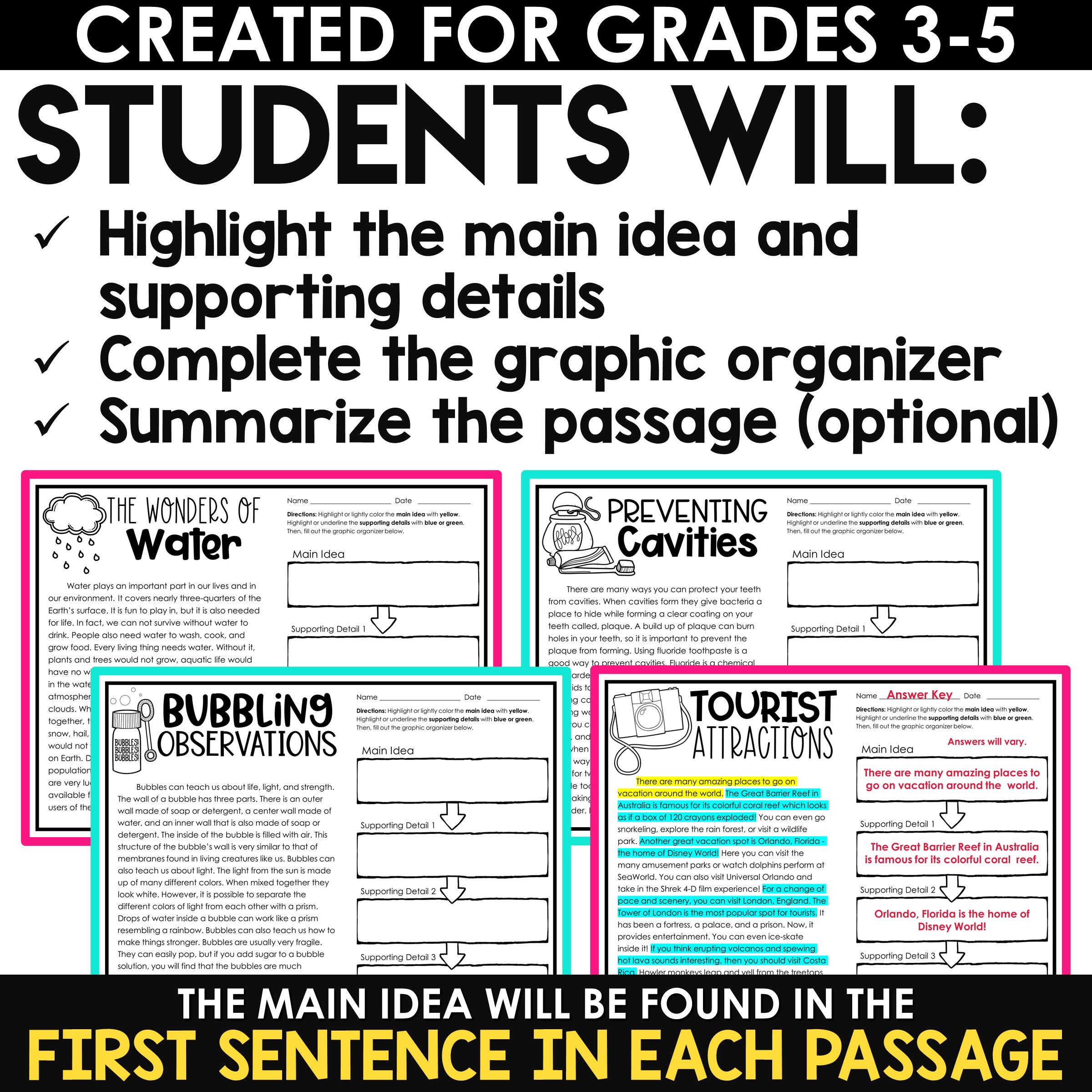 Main Idea and Supporting Details Worksheets 3rd, 4th, 5th Grade Teacher ...