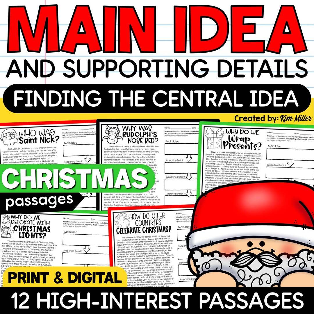Christmas Reading Worksheets for 3rd-5th Grade, Main Idea Supporting ...