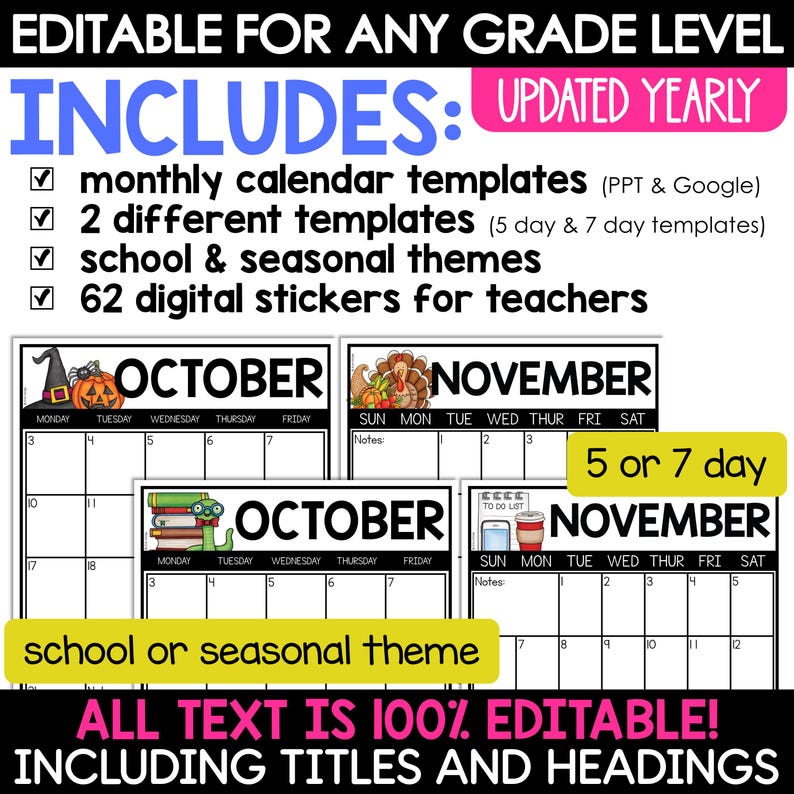 Teacher Calendar 2025-2026 | EDITABLE Monthly Calendar Templates ...