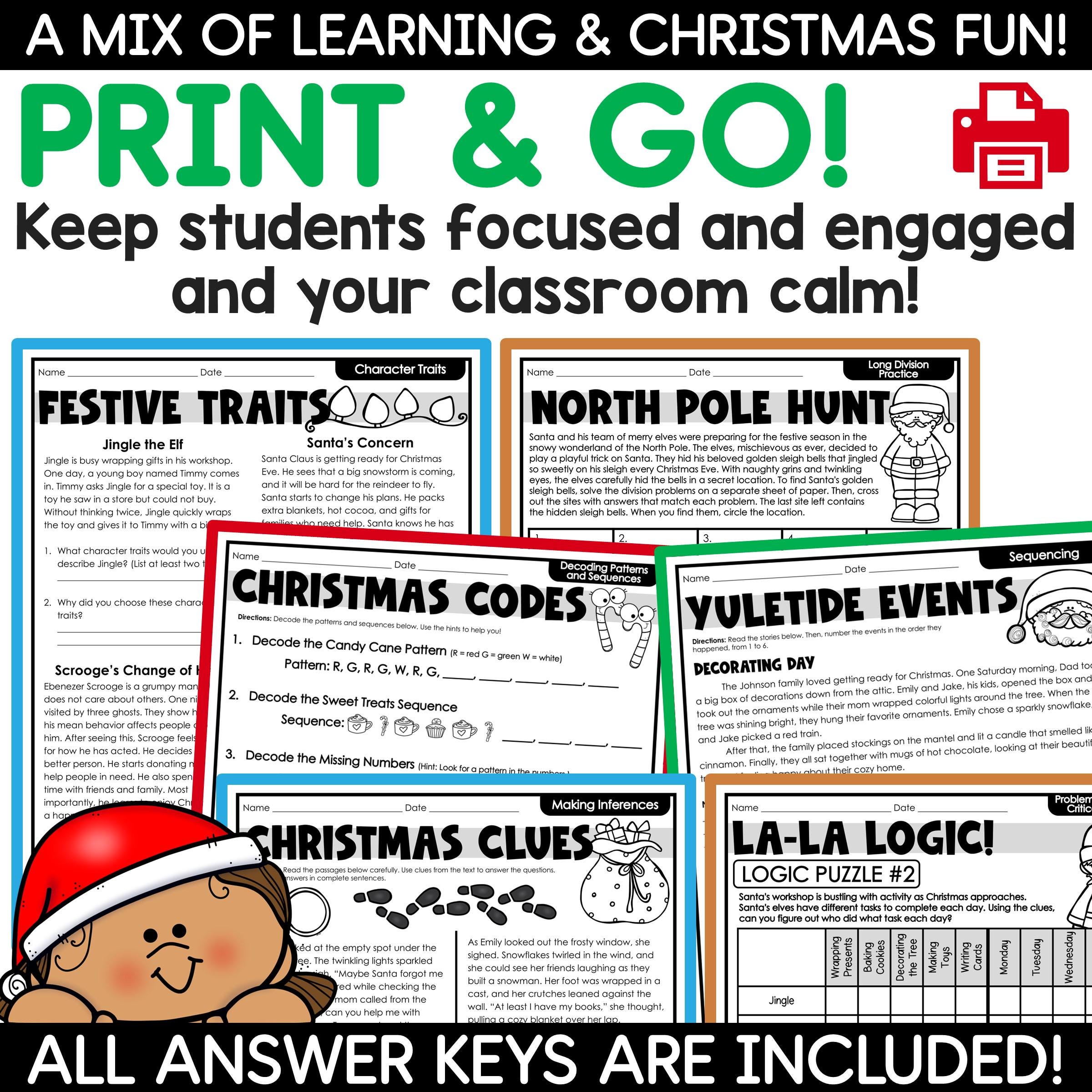 Christmas Fun Activities Packet Math Reading Writing No Prep Worksheets ...