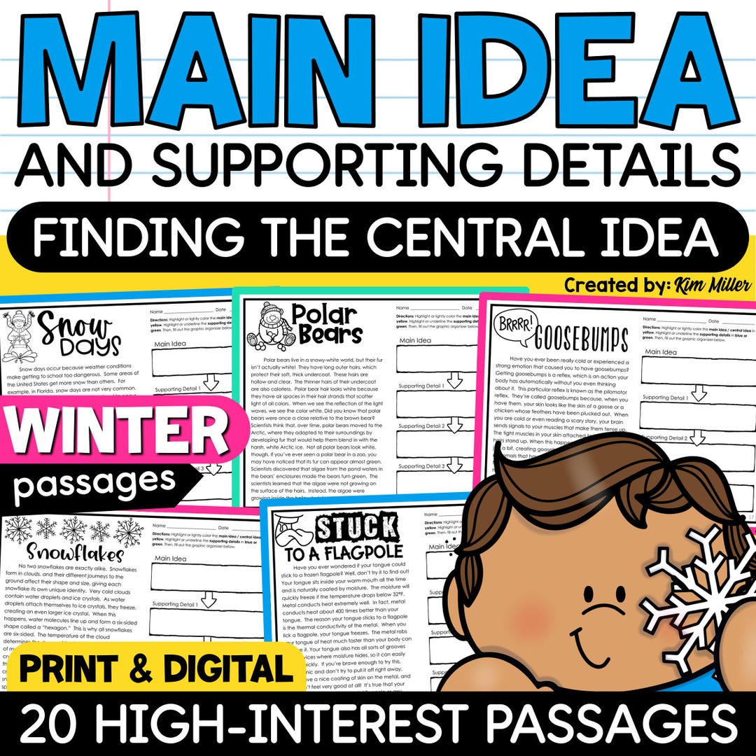 Winter Main Idea Worksheets for 3rd 4th 5th Grade | Teacher Classroom ...