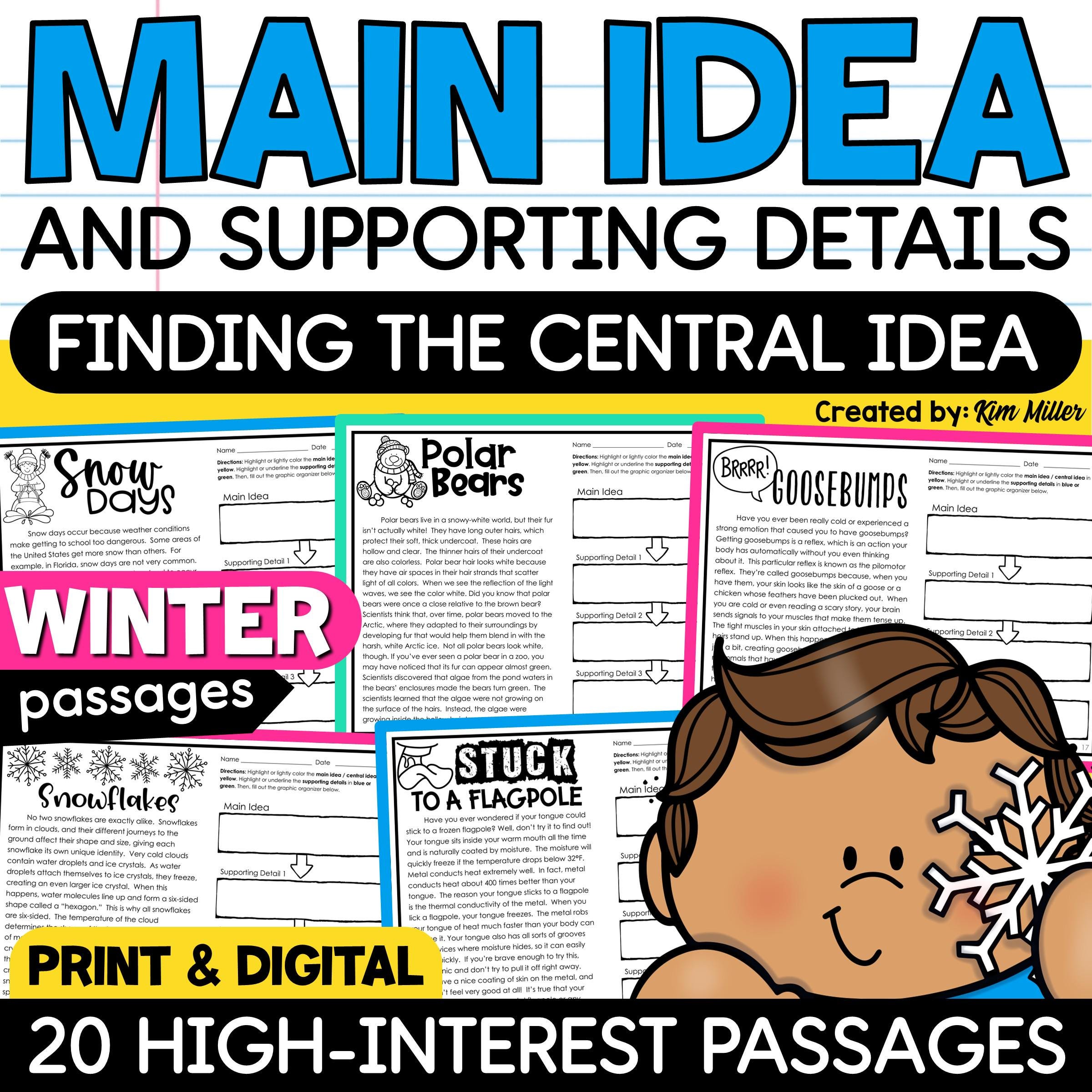 Winter Main Idea Worksheets for 3rd 4th 5th Grade | Teacher Classroom ...