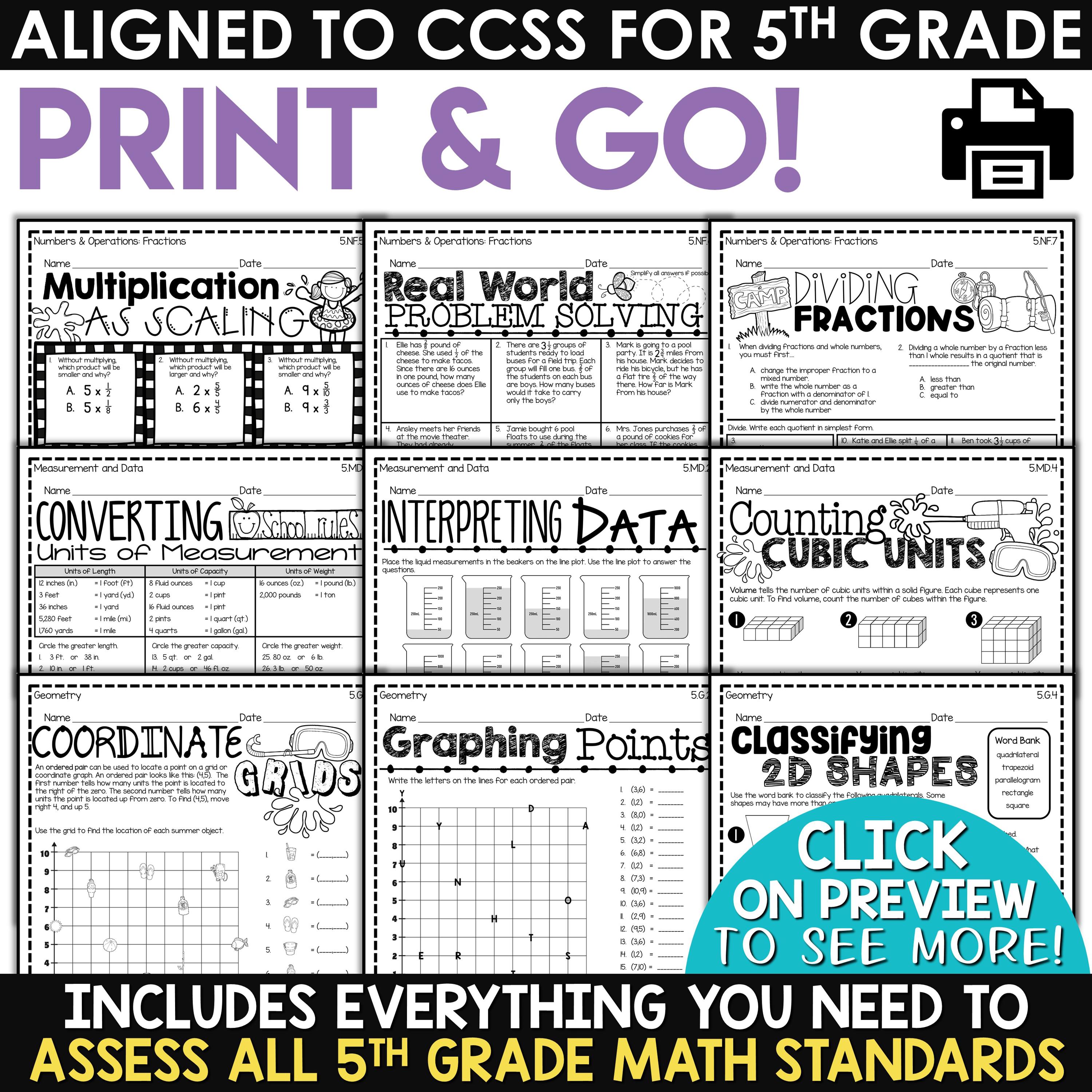 5th Grade Math Review Summer Math Worksheet, 5th Grade Math Printable ...