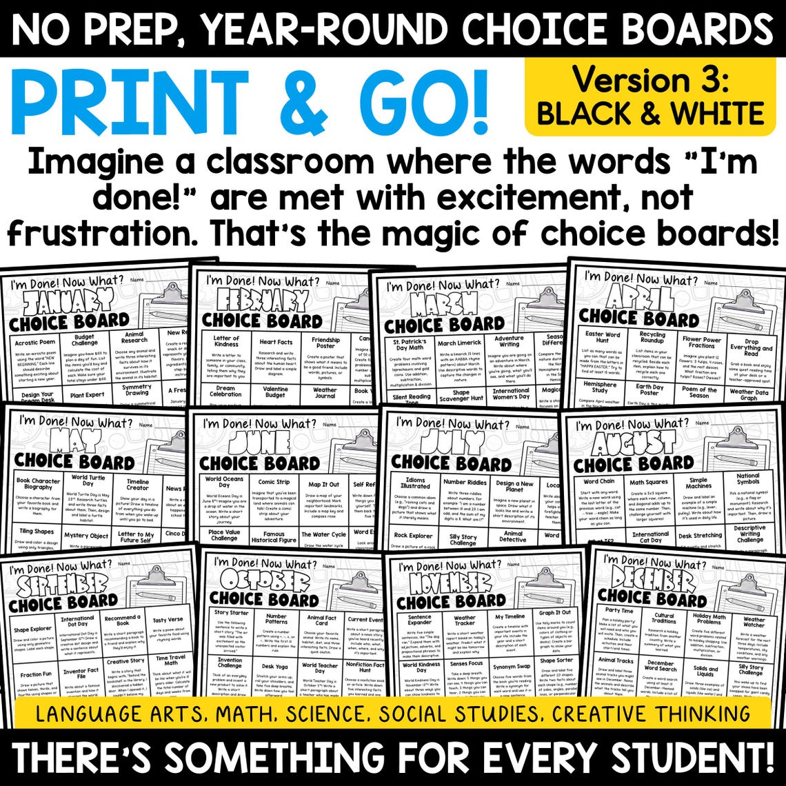 Early Fast Finishers Activities List + Choice Boards | Monthly I'm Done ...