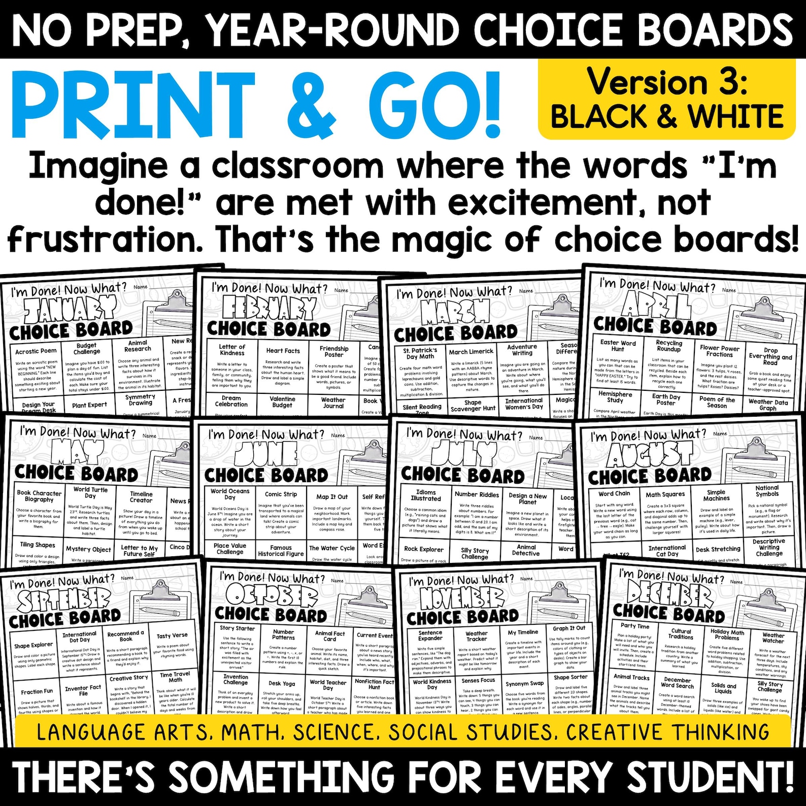 Early Fast Finishers Activities List + Choice Boards | Monthly I'm Done ...