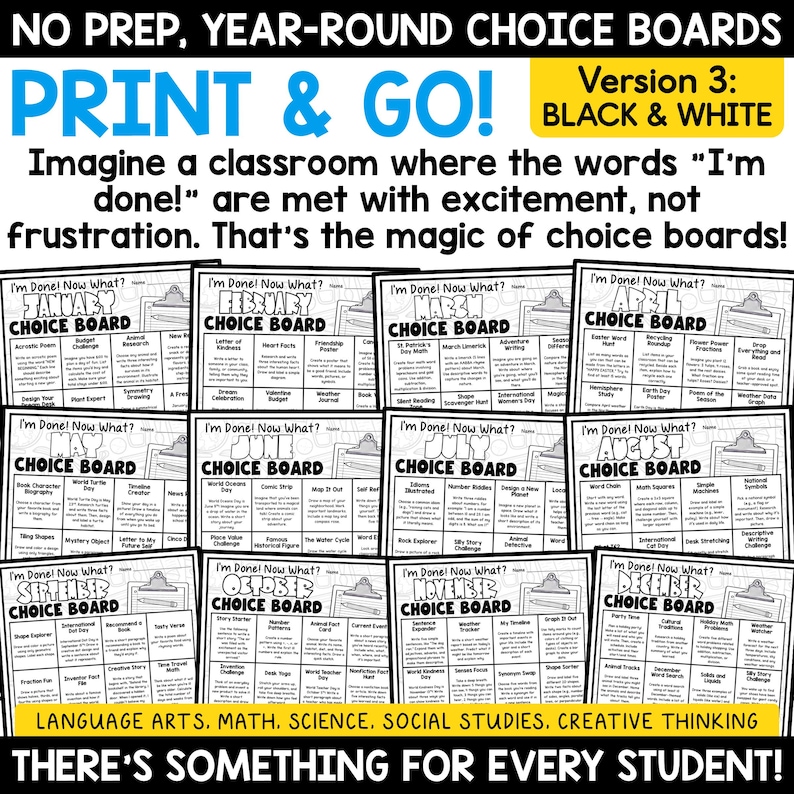 Early Fast Finishers Activities List + Choice Boards | Monthly I'm Done ...