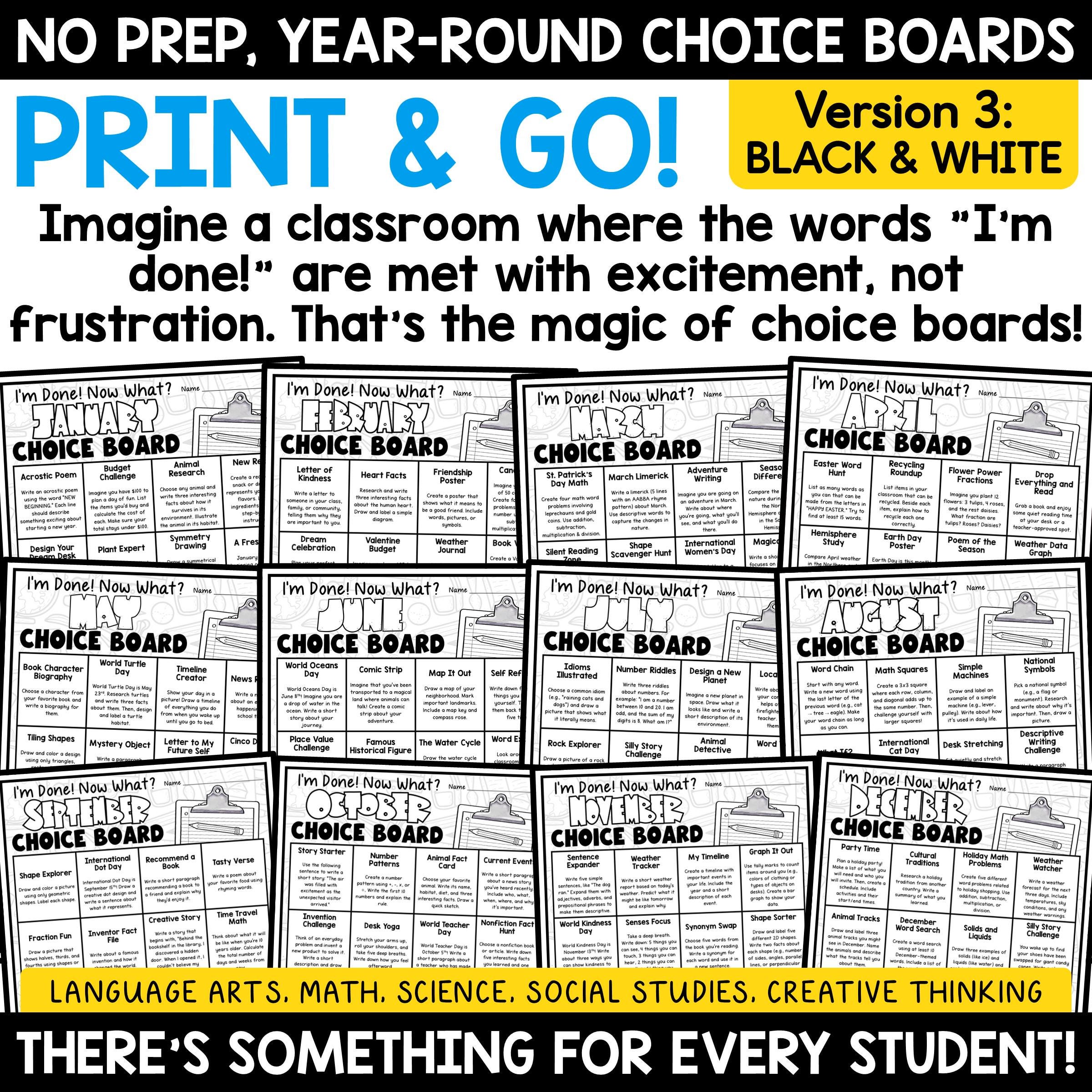 Early Fast Finishers Activities List + Choice Boards | Monthly I'm Done ...