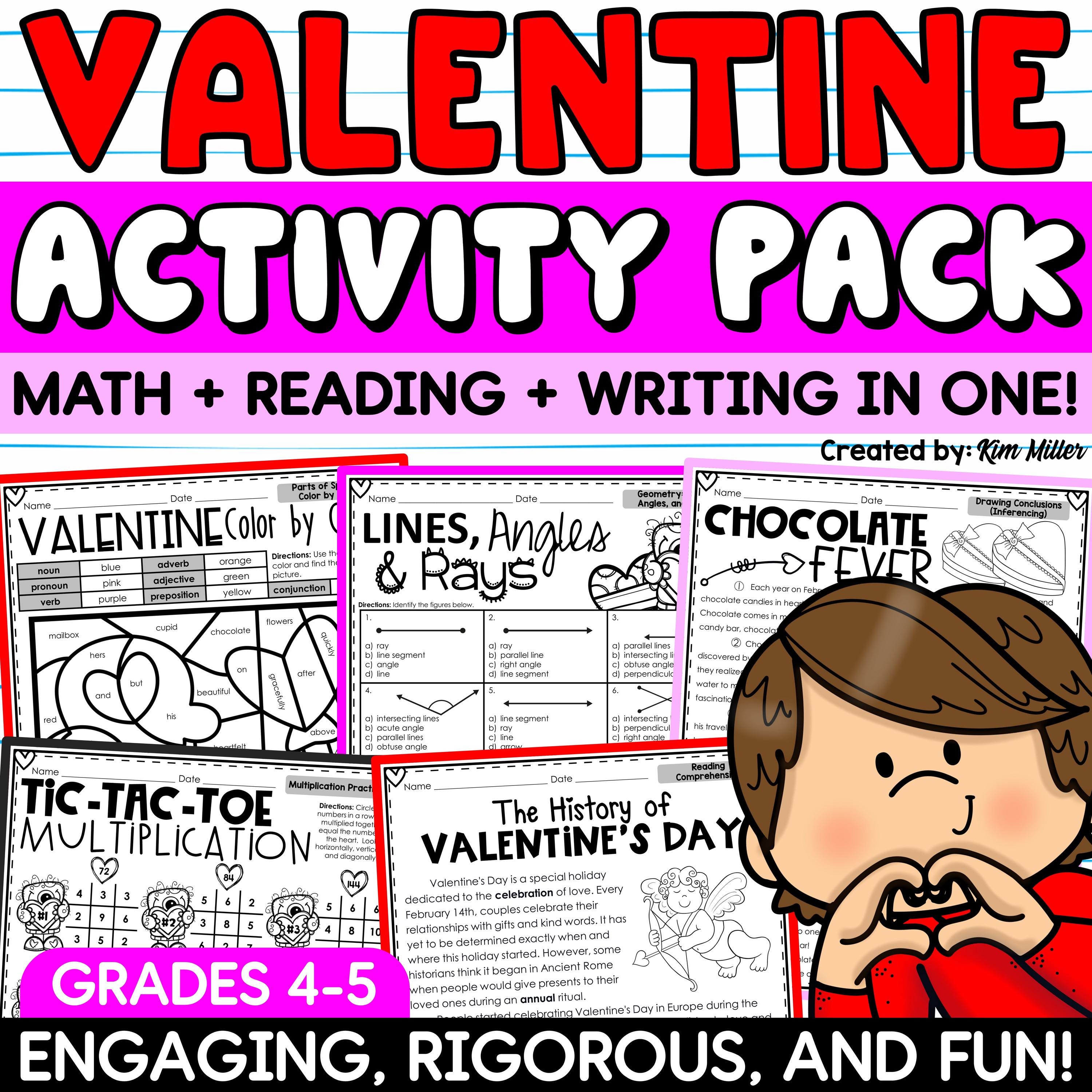 Valentine's Day Math & Reading Activities, 4th 5th Grade (instant ...