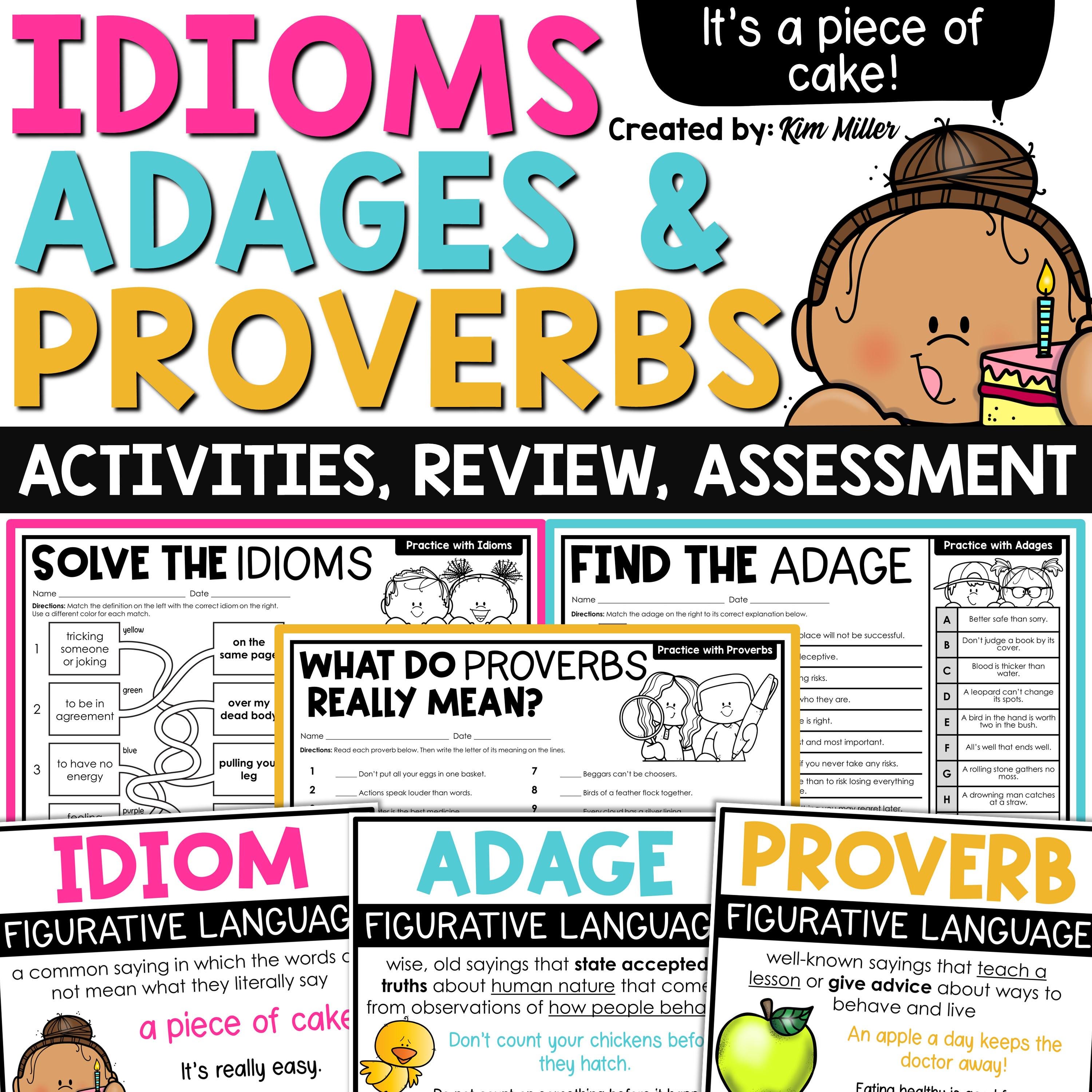 Figurative Language Worksheets & Posters Idioms Adages Proverbs Anchor ...