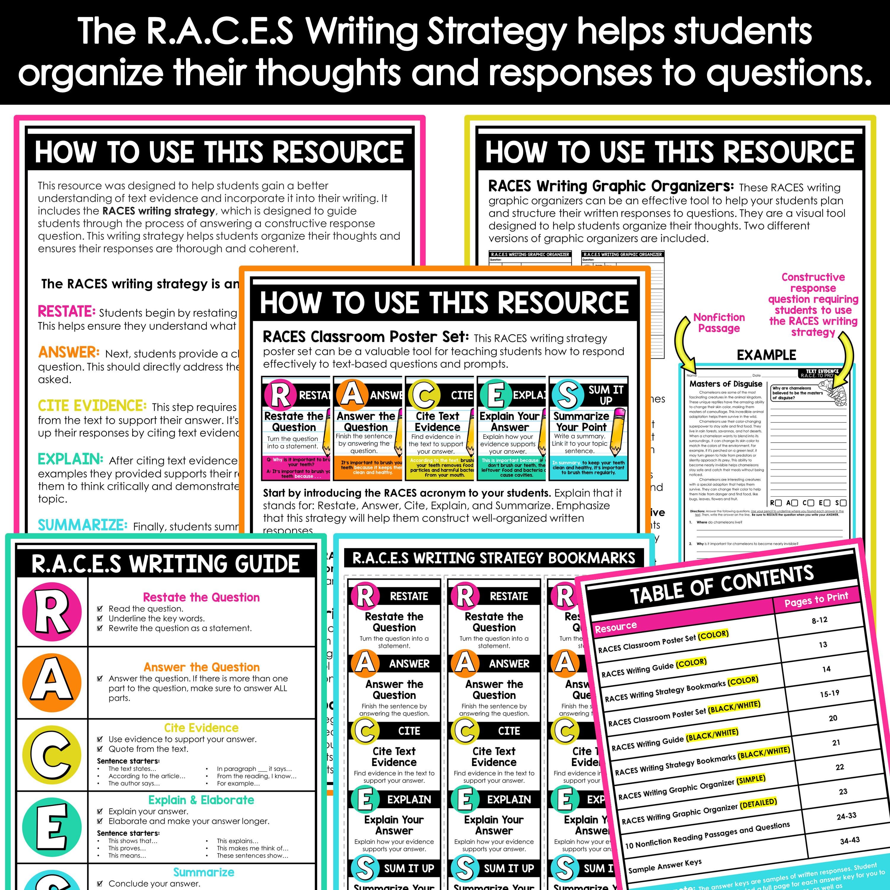 RACES Writing Strategy Bundle | Citing Text Evidence Worksheets ...