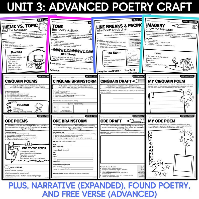 Poetry Writing Unit Grades 3-5 | Elements & Types of Poems | Lessons ...