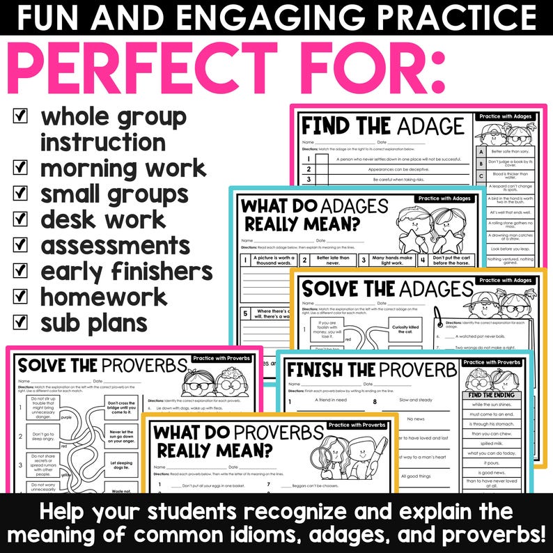 Figurative Language Worksheets & Posters Idioms Adages Proverbs Anchor ...