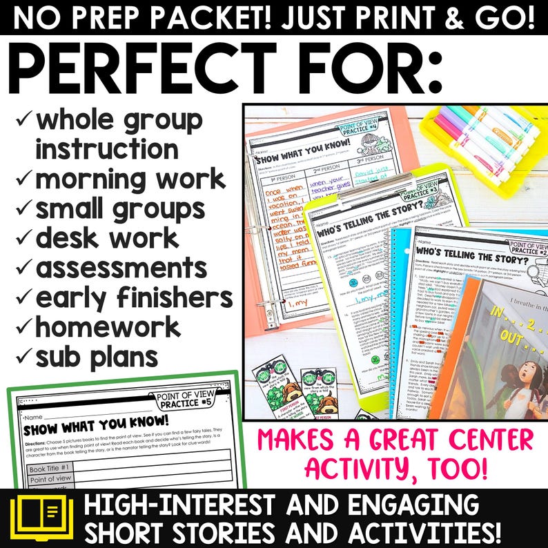 Point of View Anchor Chart, Worksheets, Printables, Short Stories for ...