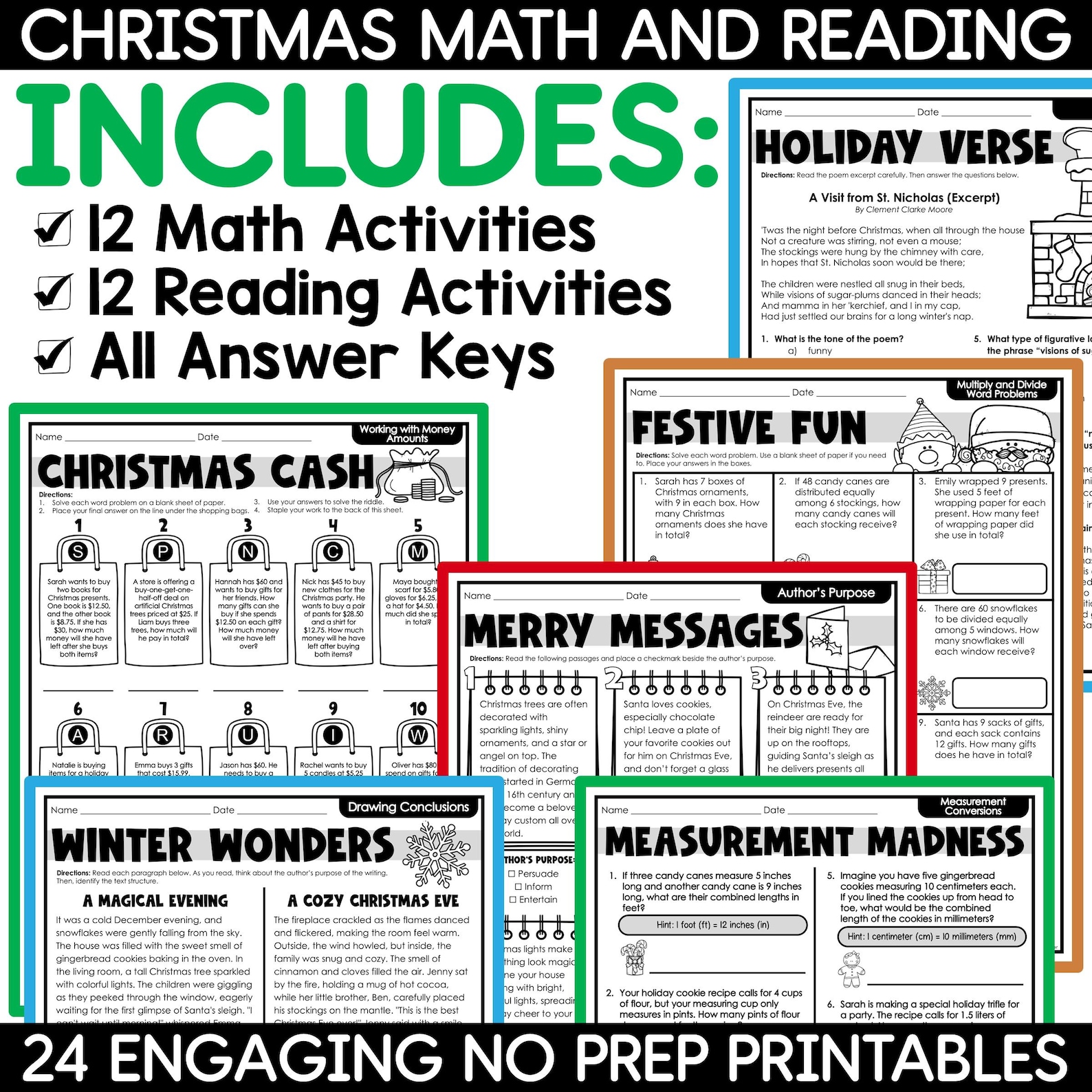 Christmas Fun Activities Packet Math Reading Writing No Prep Worksheets ...