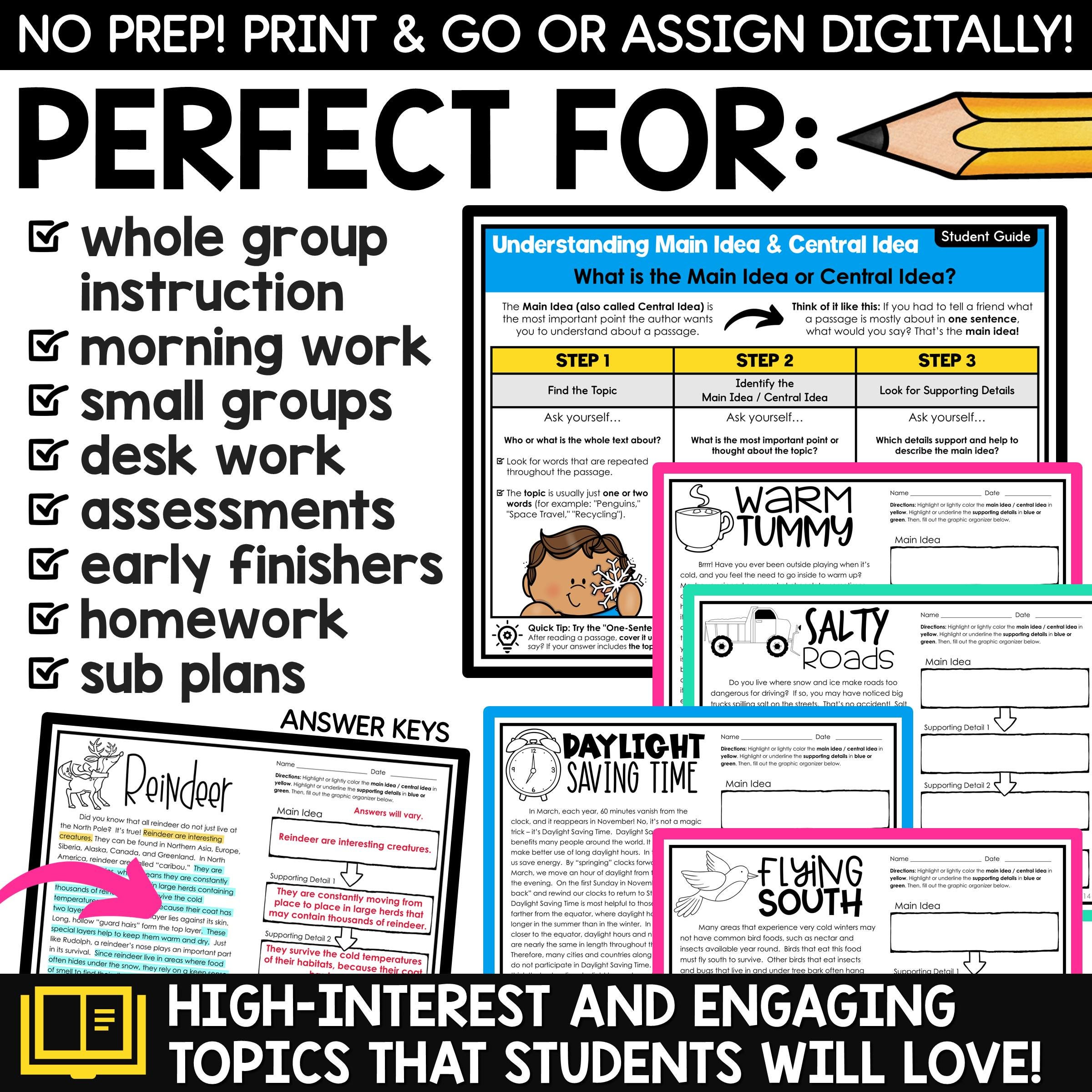 Winter Main Idea Worksheets for 3rd 4th 5th Grade | Teacher Classroom ...