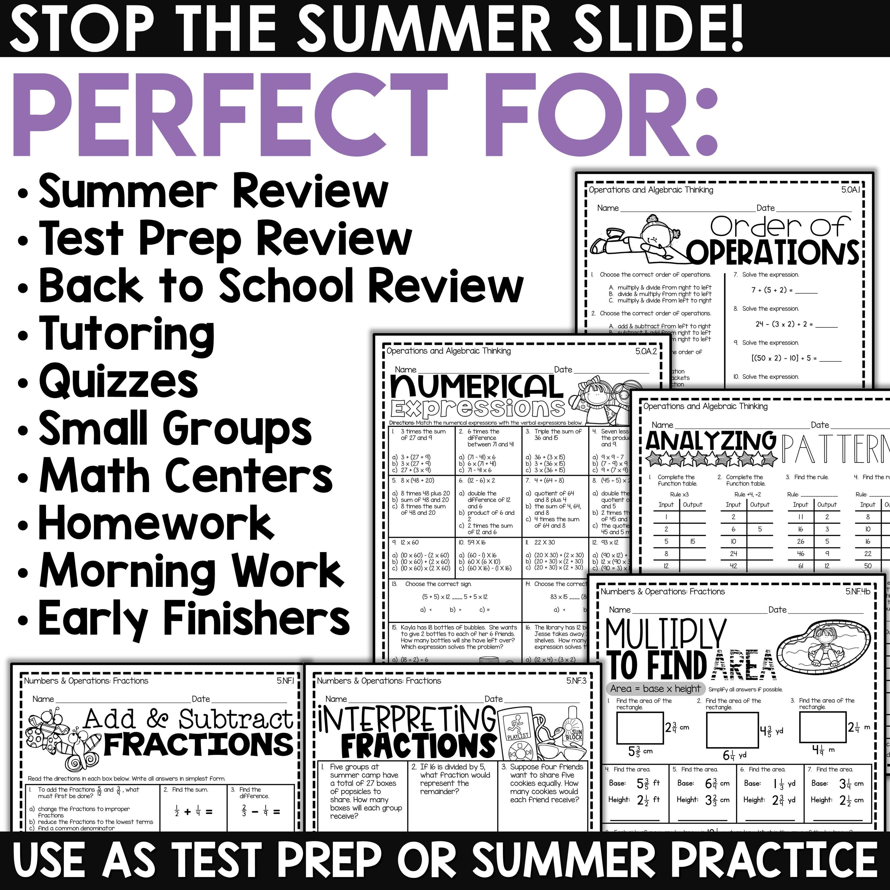 5th Grade Math Review Summer Math Worksheet, 5th Grade Math Printable ...