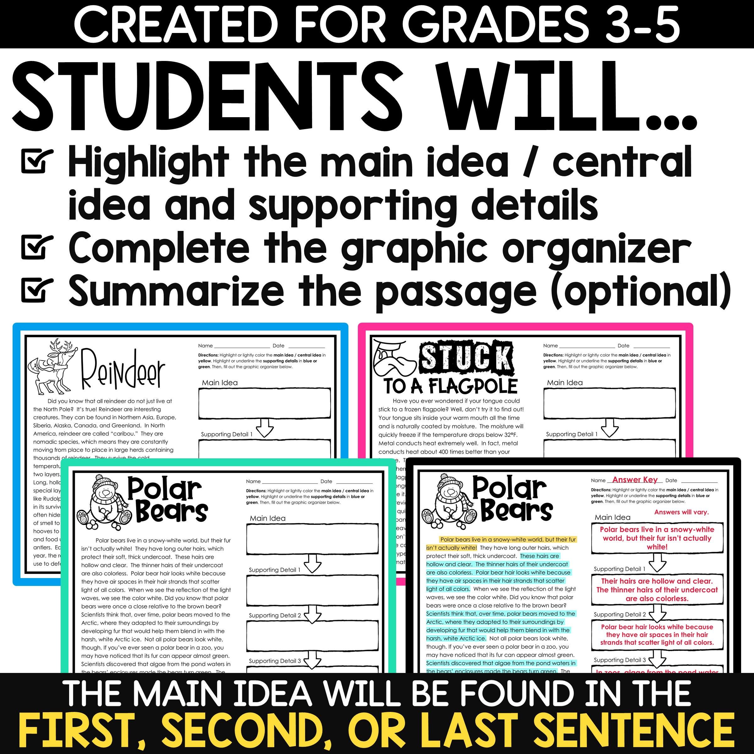 Winter Main Idea Worksheets for 3rd 4th 5th Grade | Teacher Classroom ...