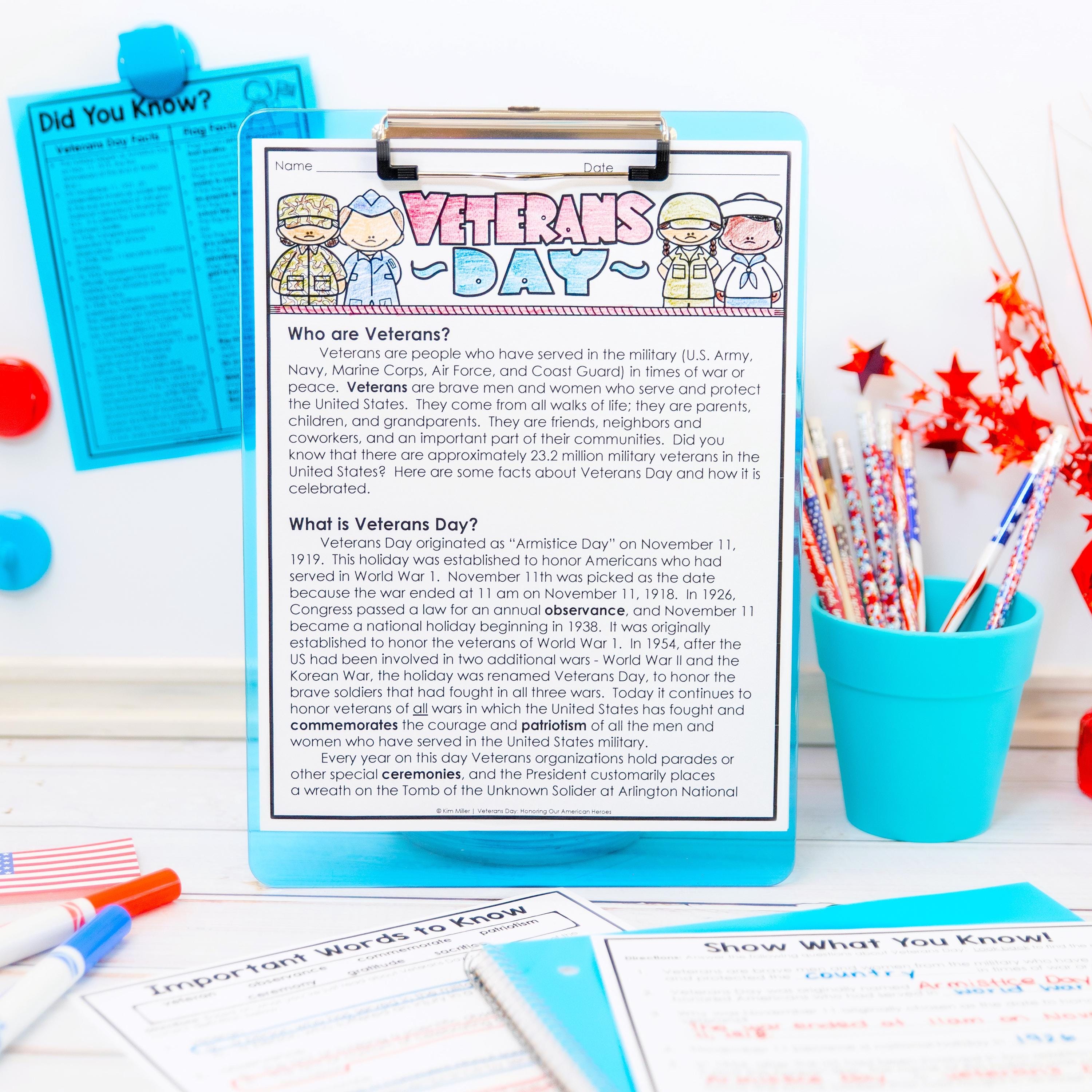 Veterans Day Reading Comprehension and Writing Prompts for Grades 3-5 ...