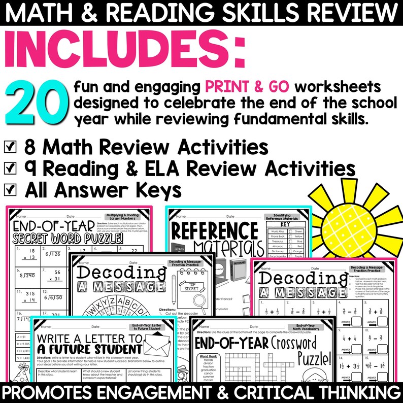 End of the Year Activities Reading Math Worksheets 4th 5th Grade Last ...