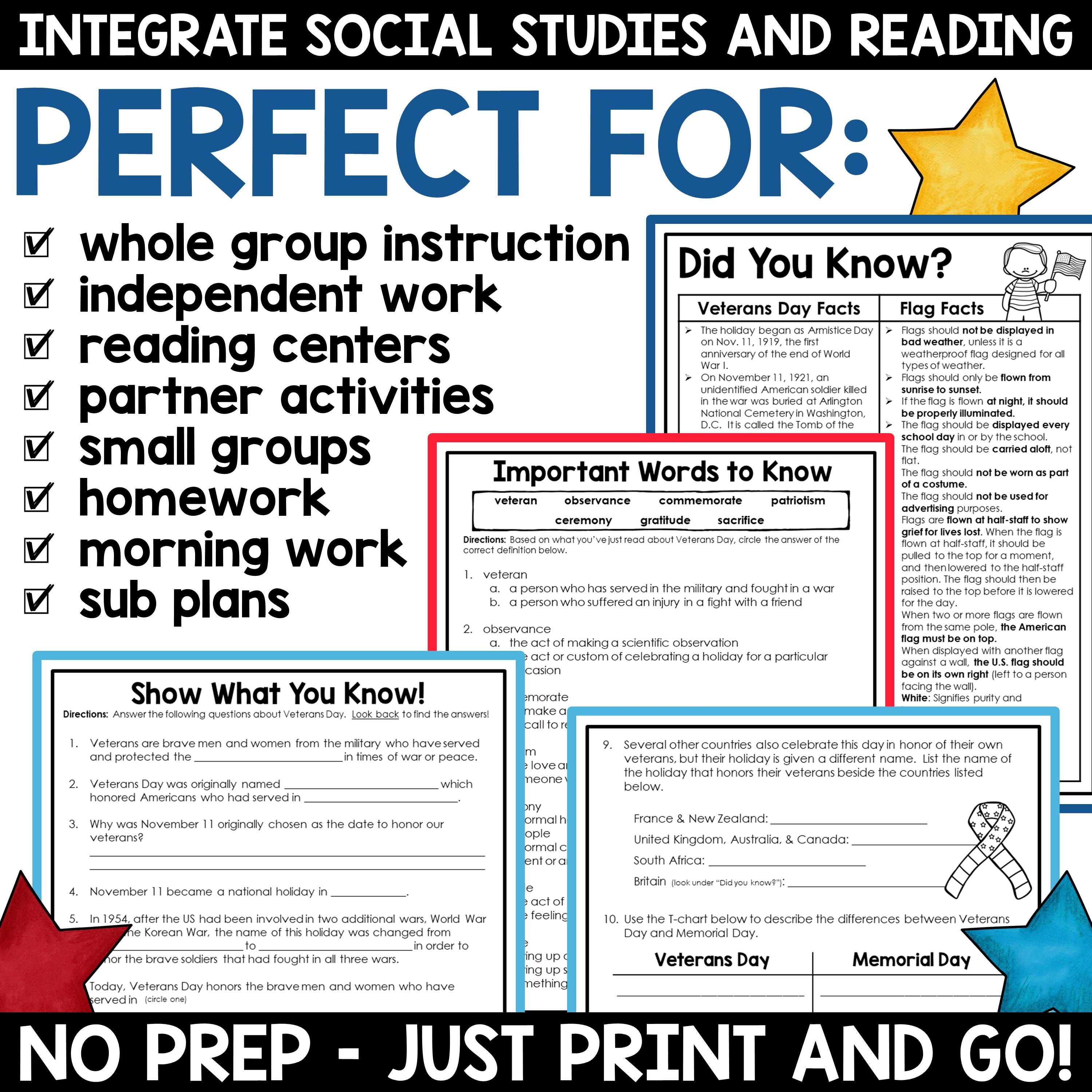 Veterans Day Reading Comprehension and Writing Prompts for Grades 3-5 ...
