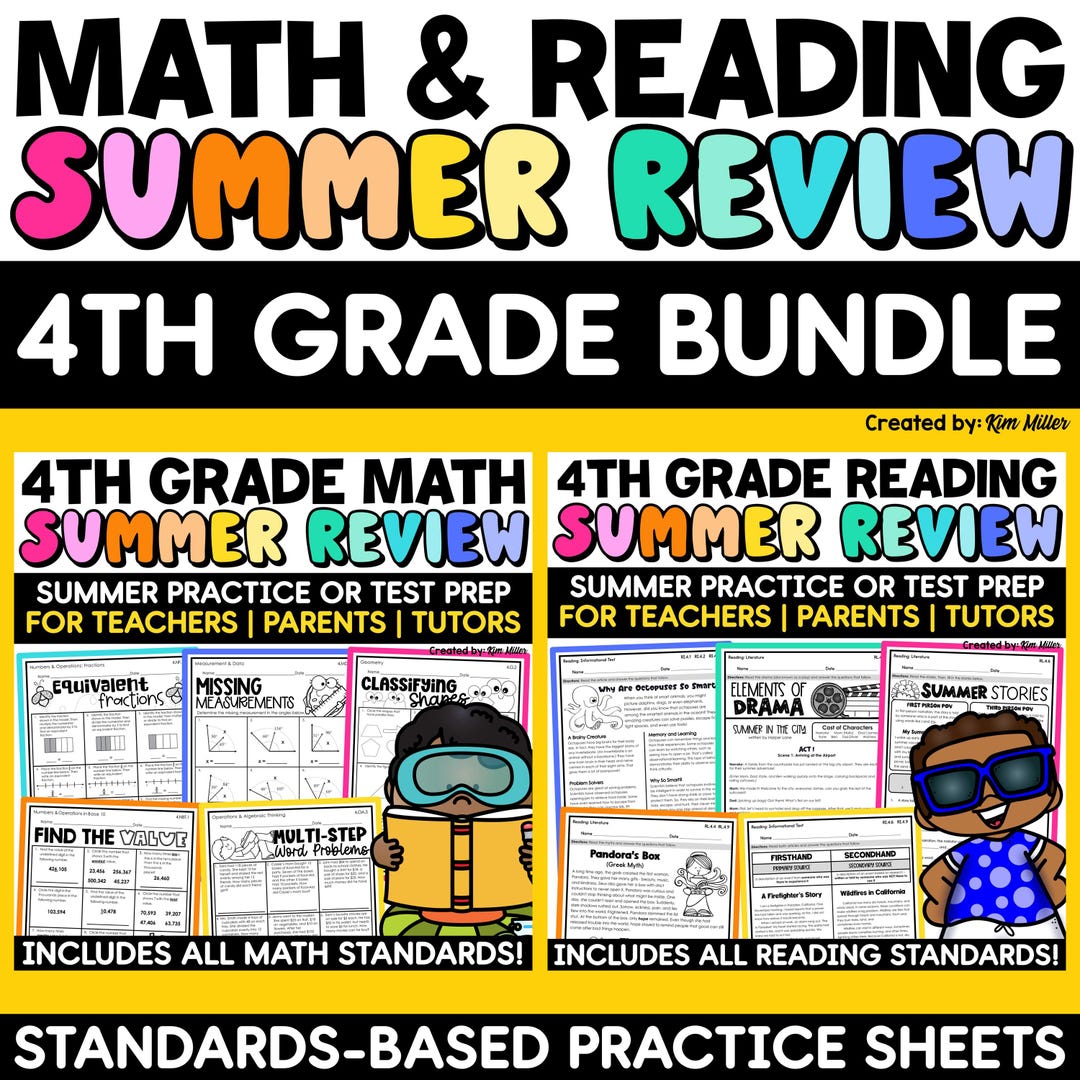 4th Grade Summer Math and Reading Bundle, Common Core Review Worksheets ...