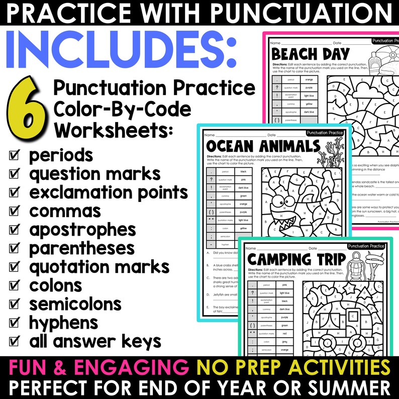 Punctuation Worksheets Color by Code | Sentence Editing Grammar ...