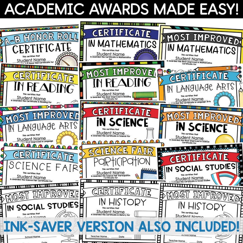 End of Year Academic Awards, Student Achievement Certificates for ...