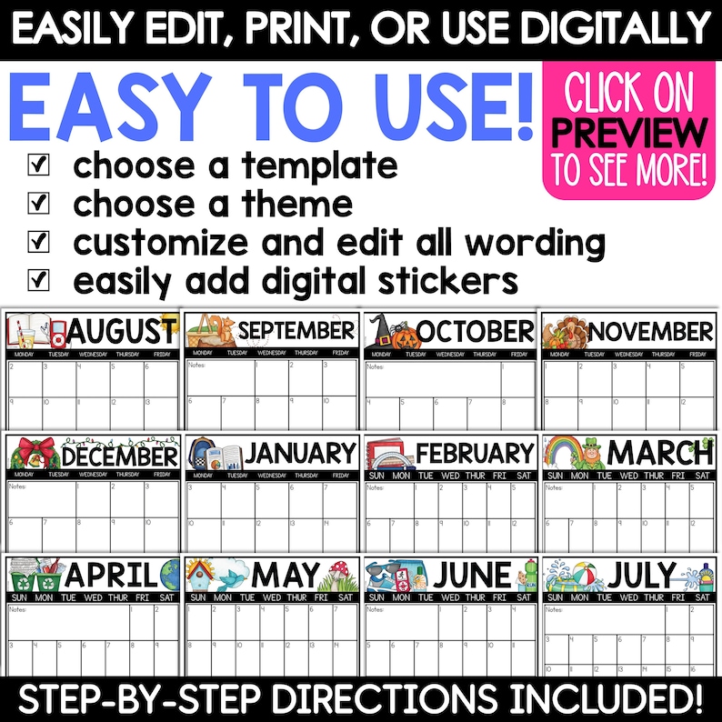 Teacher Calendar 2025-2026 | EDITABLE Monthly Calendar Templates ...