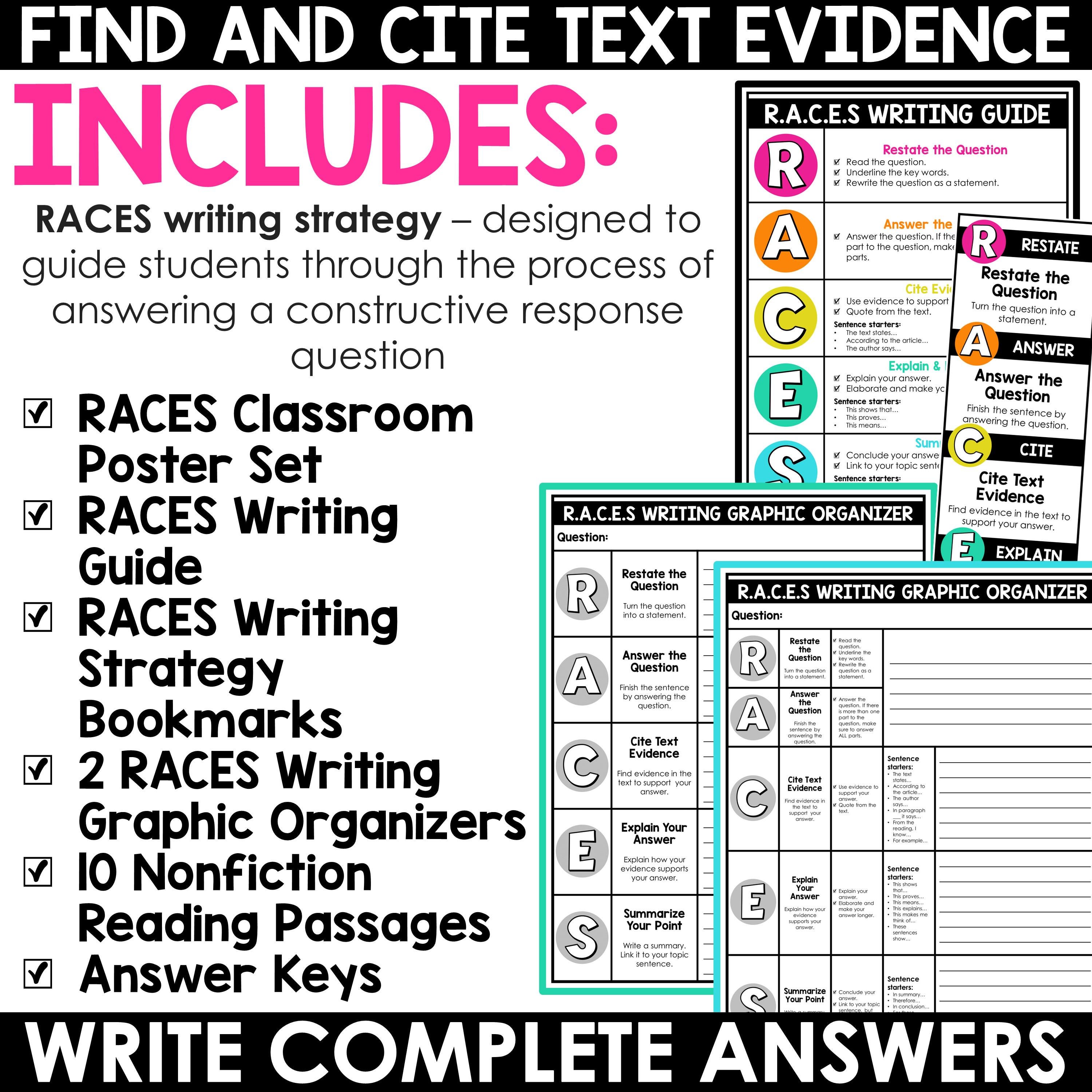RACES Writing Strategy Posters & Anchor Chart | Text Evidence ...