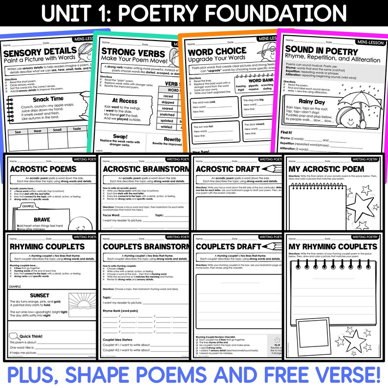 Poetry Writing Unit Grades 3-5 | Elements & Types of Poems | Lessons ...