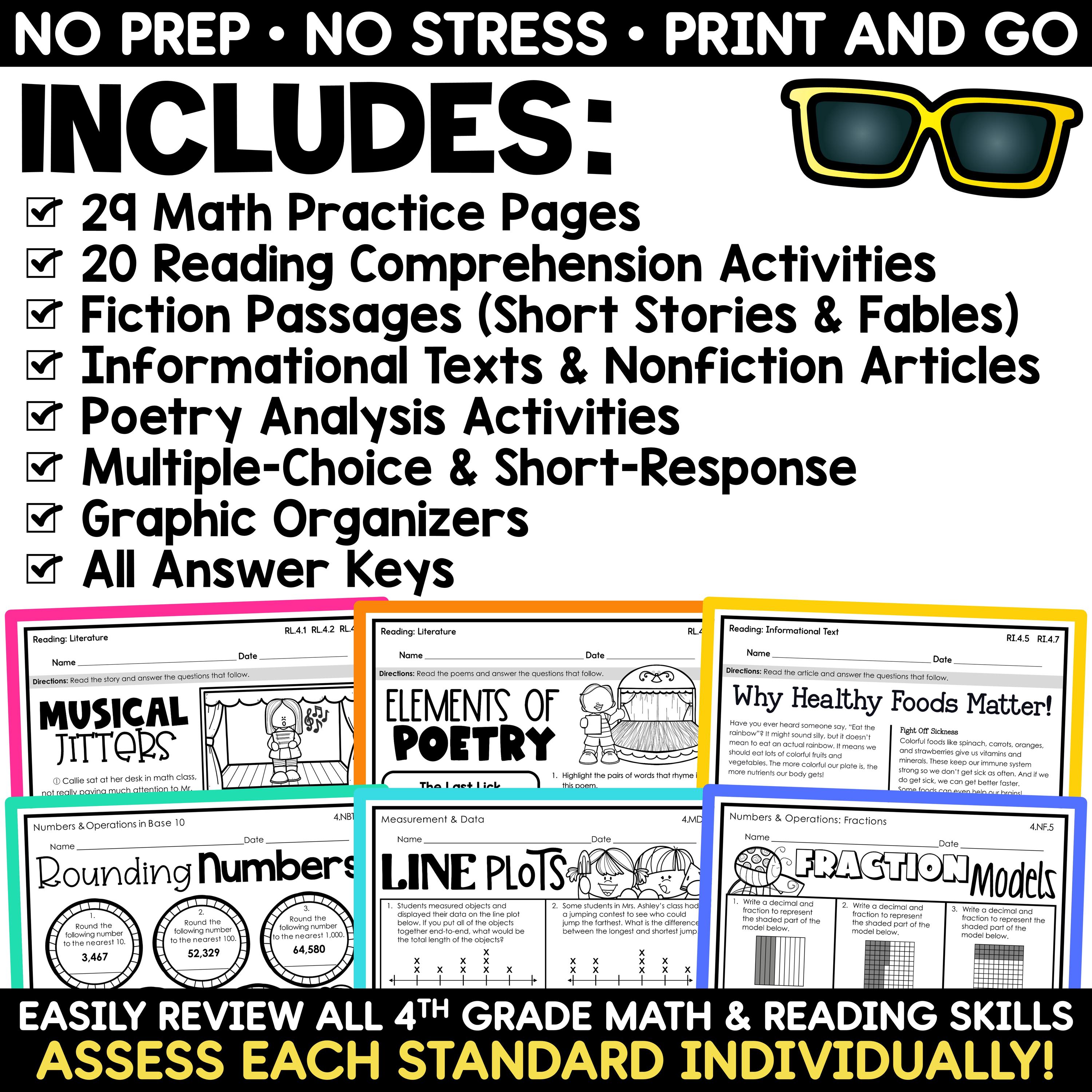 4th Grade Summer Math and Reading Bundle, Common Core Review Worksheets ...