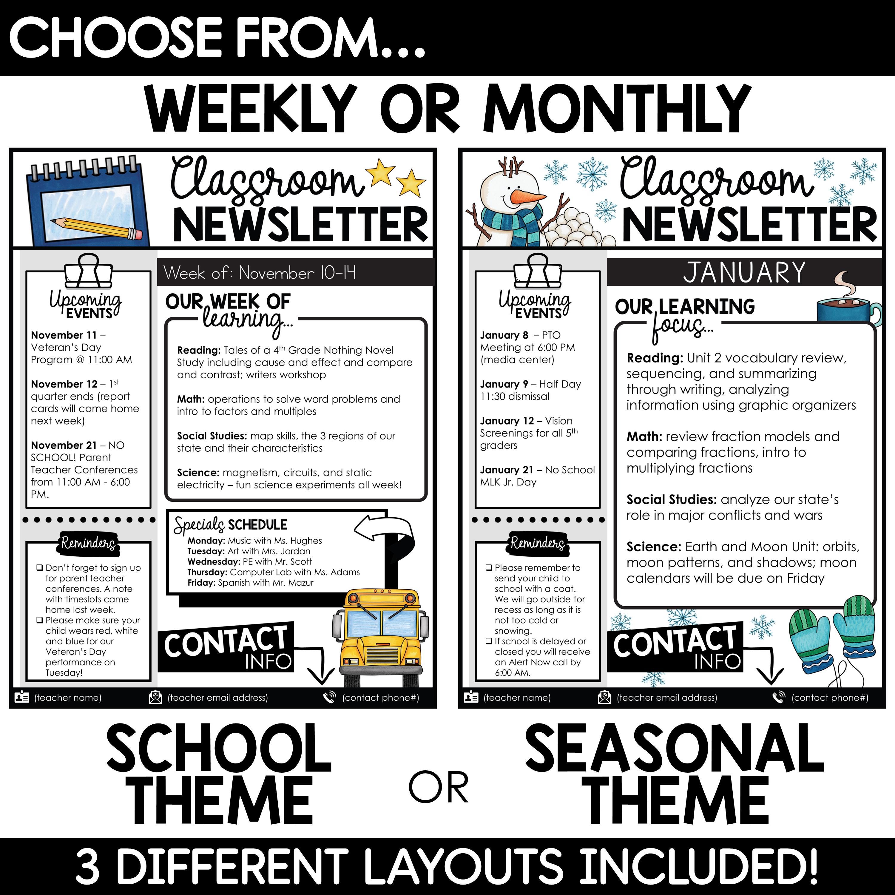 Editable Classroom Newsletters Monthly Weekly Templates for Parent ...