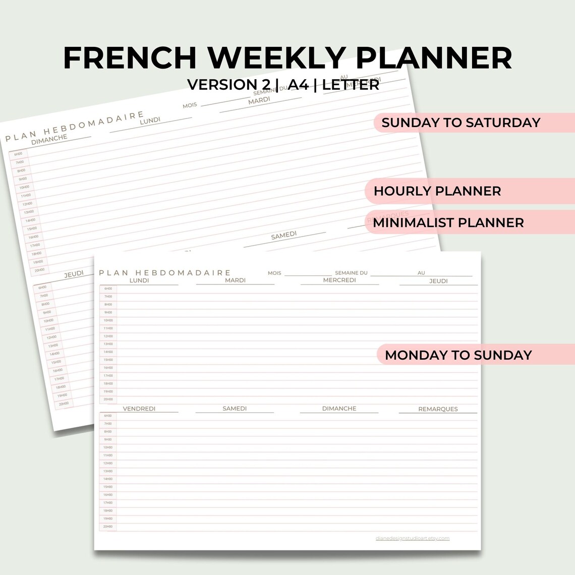 Undated French Weekly Planner Printable Time Management Hourly Planner ...