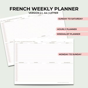 Undated French Weekly Planner Printable Time Management Hourly Planner ...