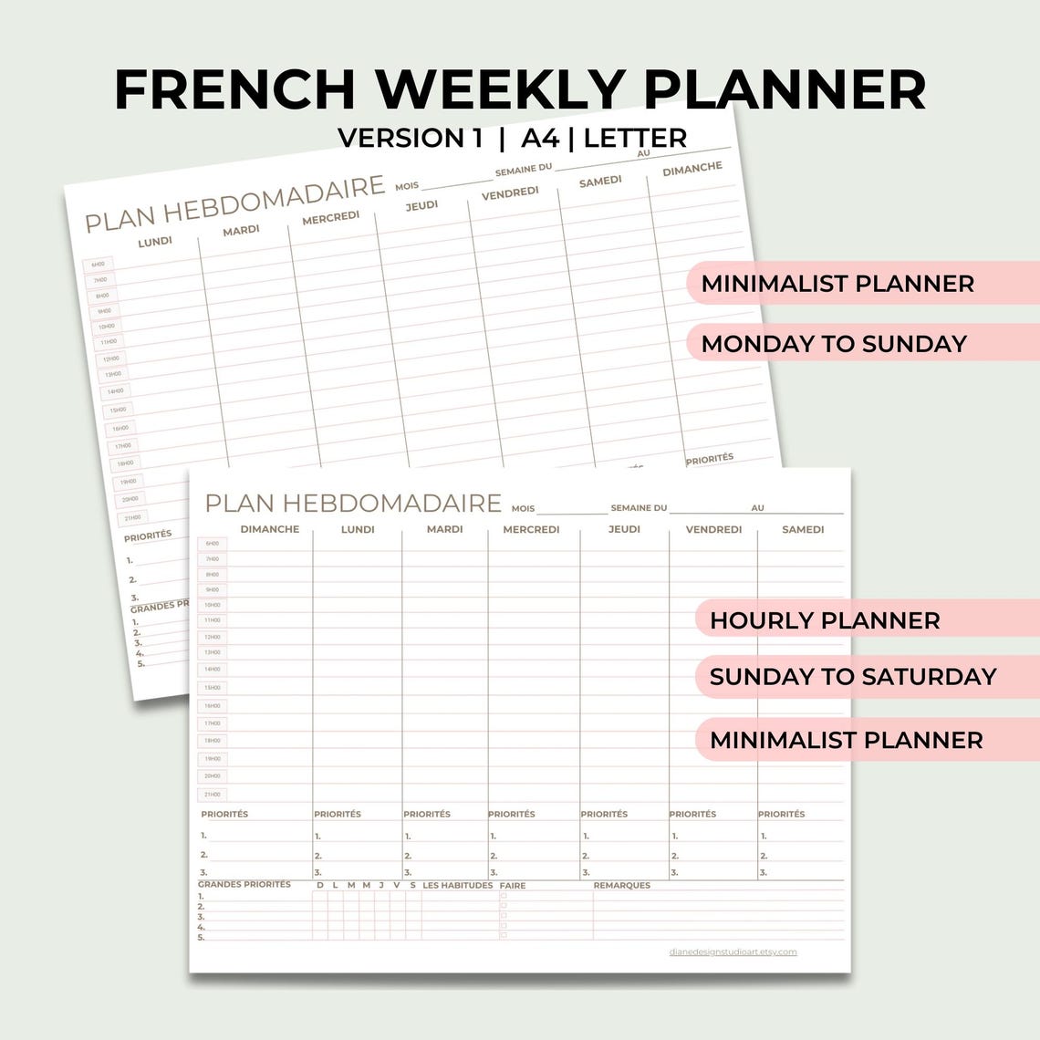 Undated French Weekly Planner Printable Time Management Hourly Planner ...