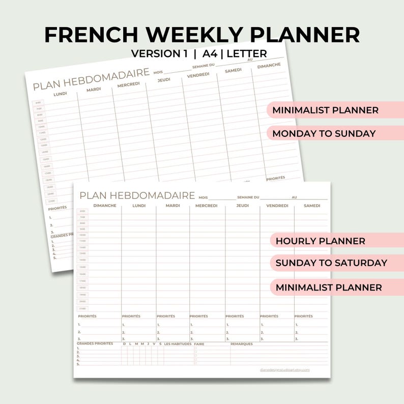 Undated French Weekly Planner Printable Time Management Hourly Planner ...