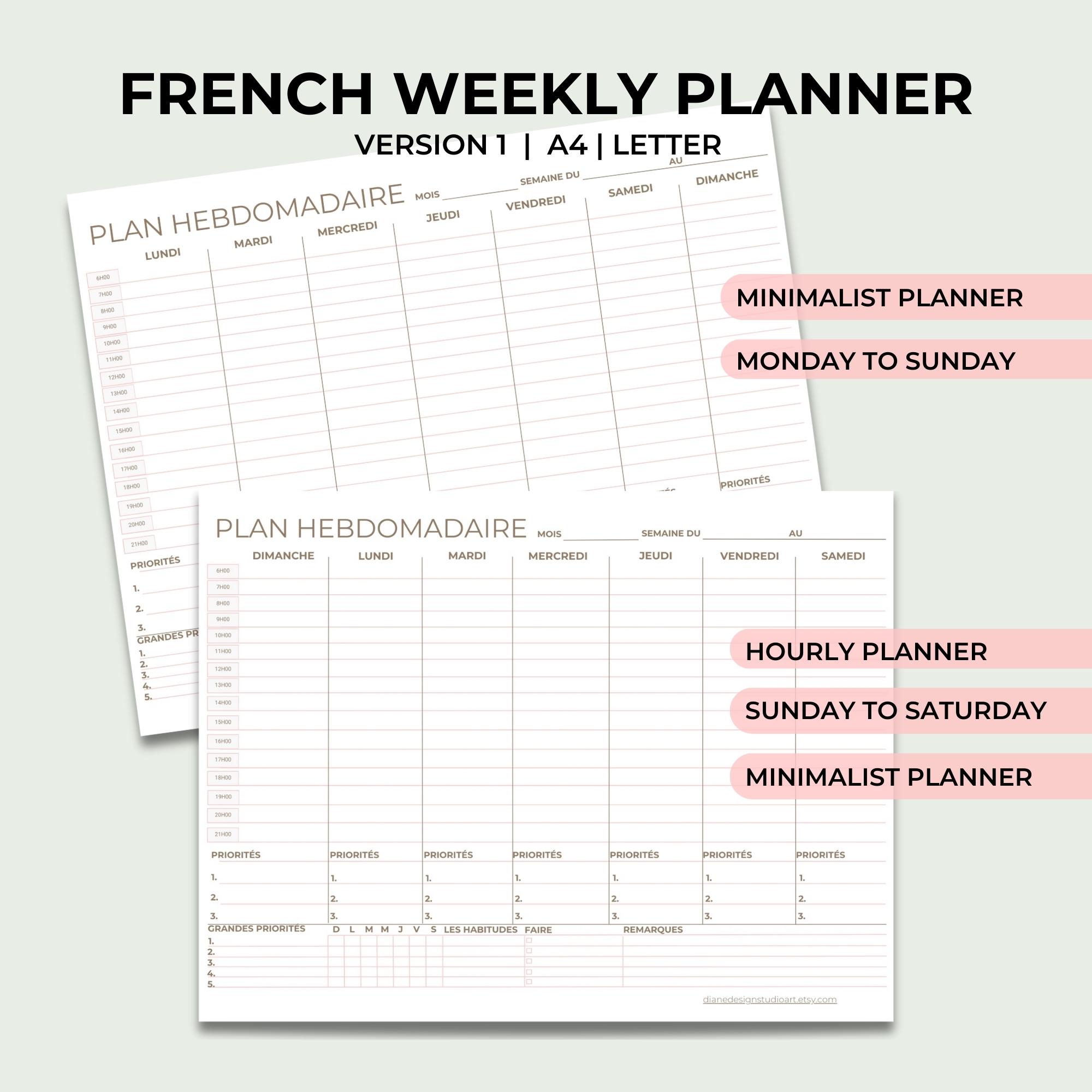 Undated French Weekly Planner Printable Time Management Hourly Planner ...