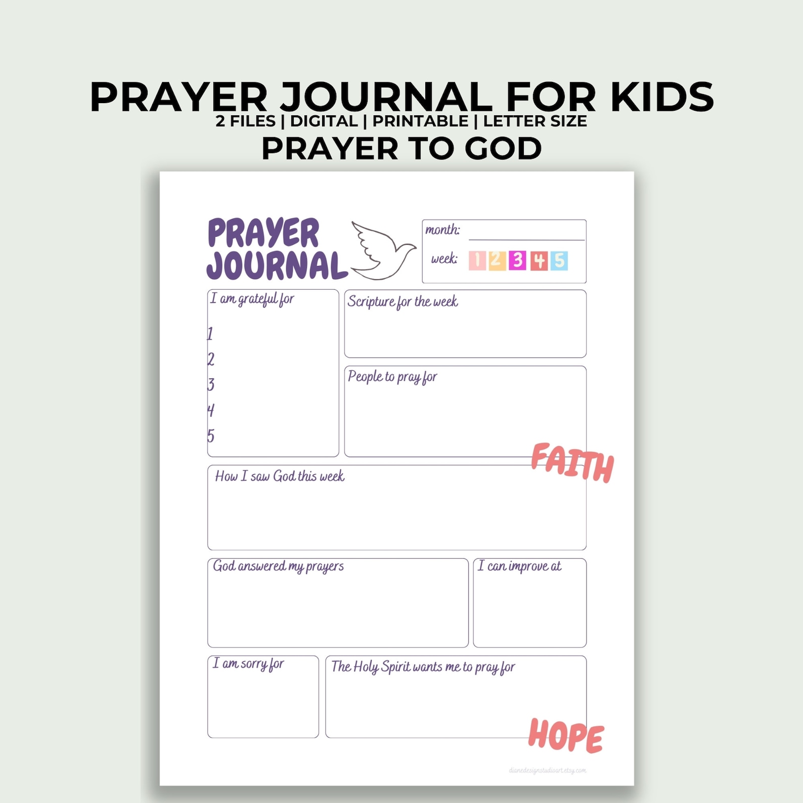 Prayer 5 Finger Hand Kids Journal Prayer Page Digital Gratitude Journal ...