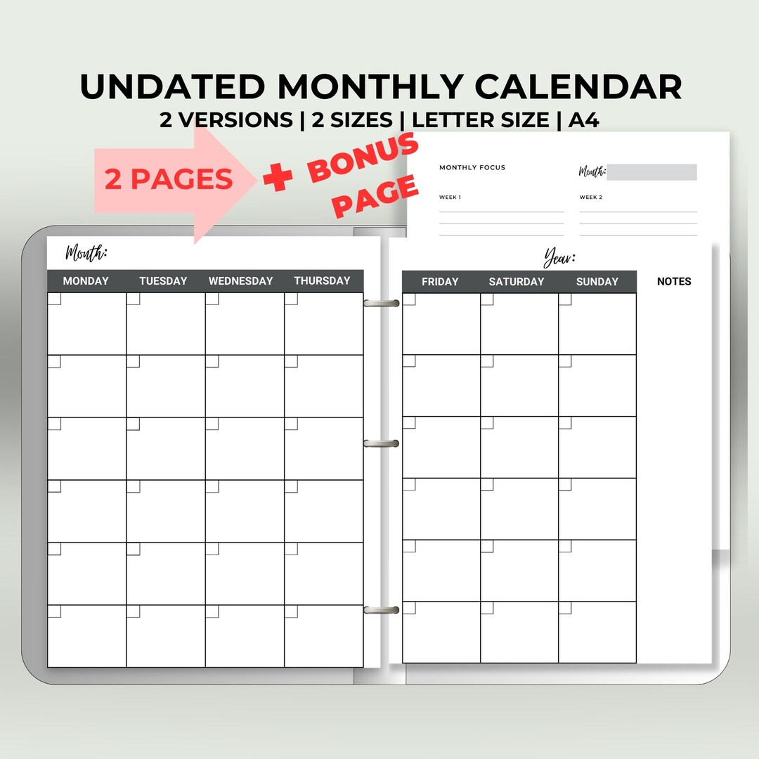 Undated Calendar Printable Refill 2 Page Monthly Calendar Planner ...
