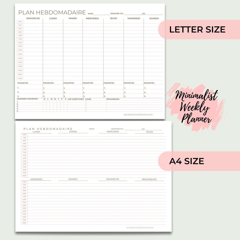 Undated French Weekly Planner Printable Time Management Hourly Planner ...