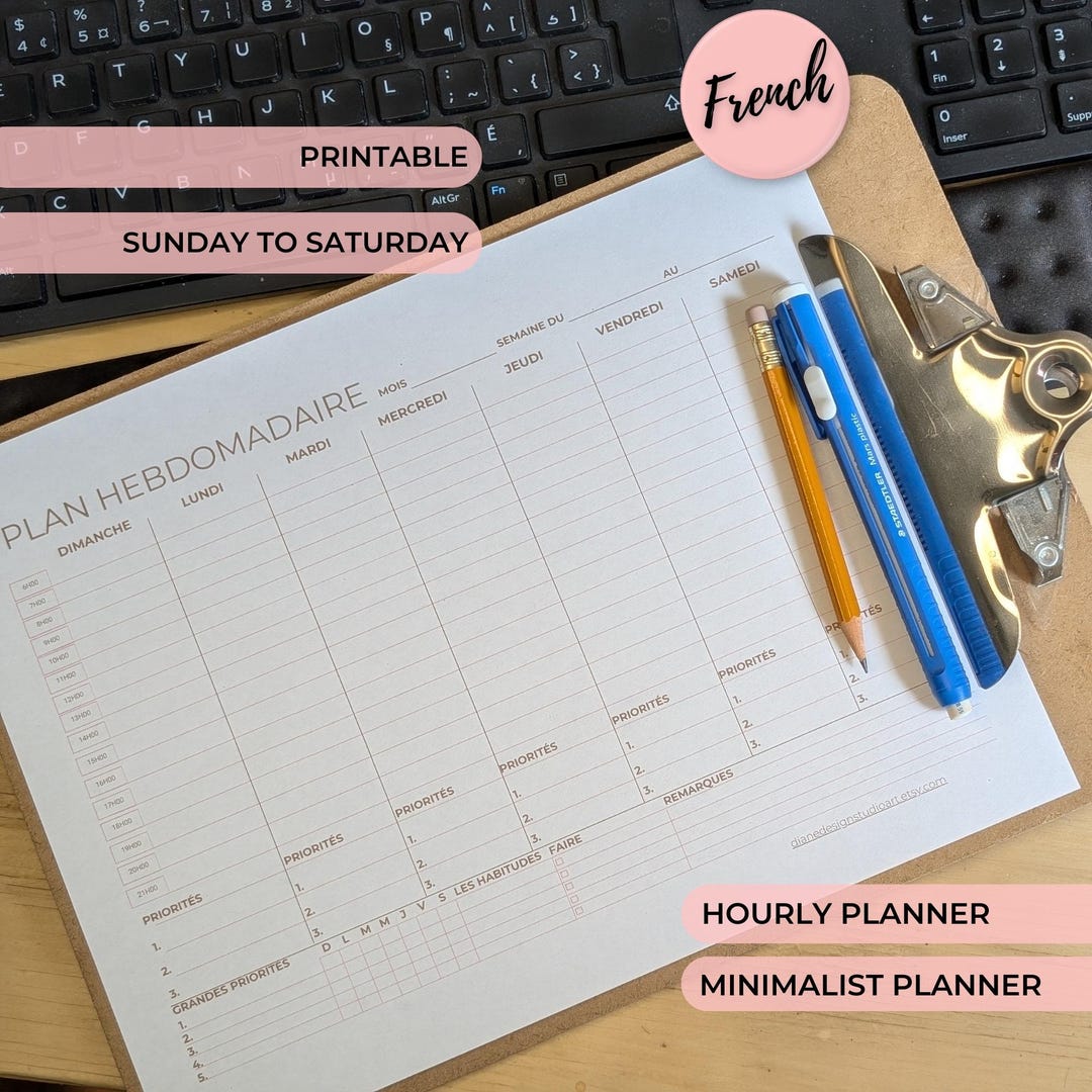 Undated French Weekly Planner Printable Time Management Hourly Planner ...