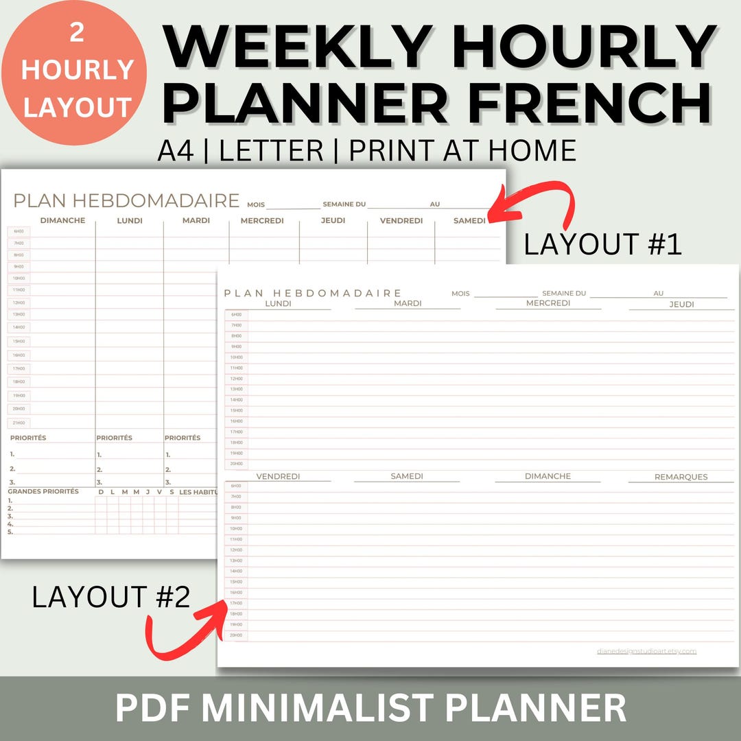 Weekly Planner French Weekly Planner Hourly Printable Undated Planner ...