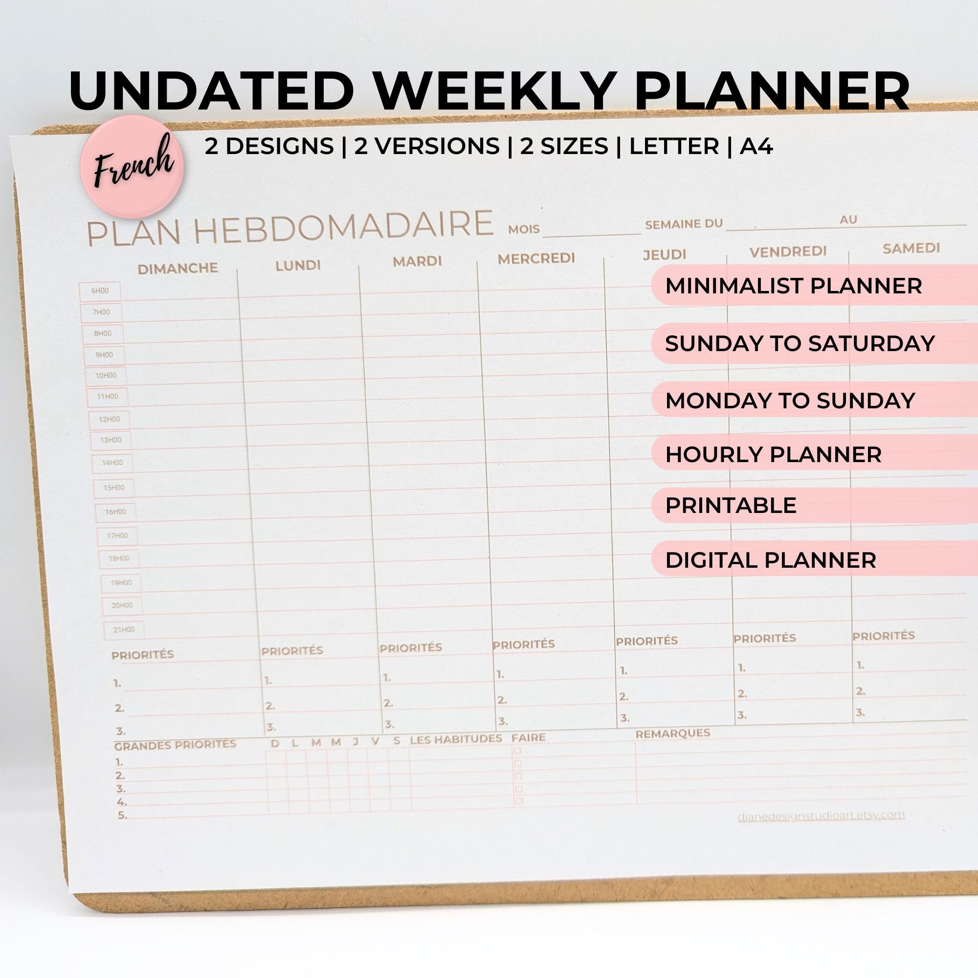 Undated French Weekly Planner Printable Time Management Hourly Planner ...