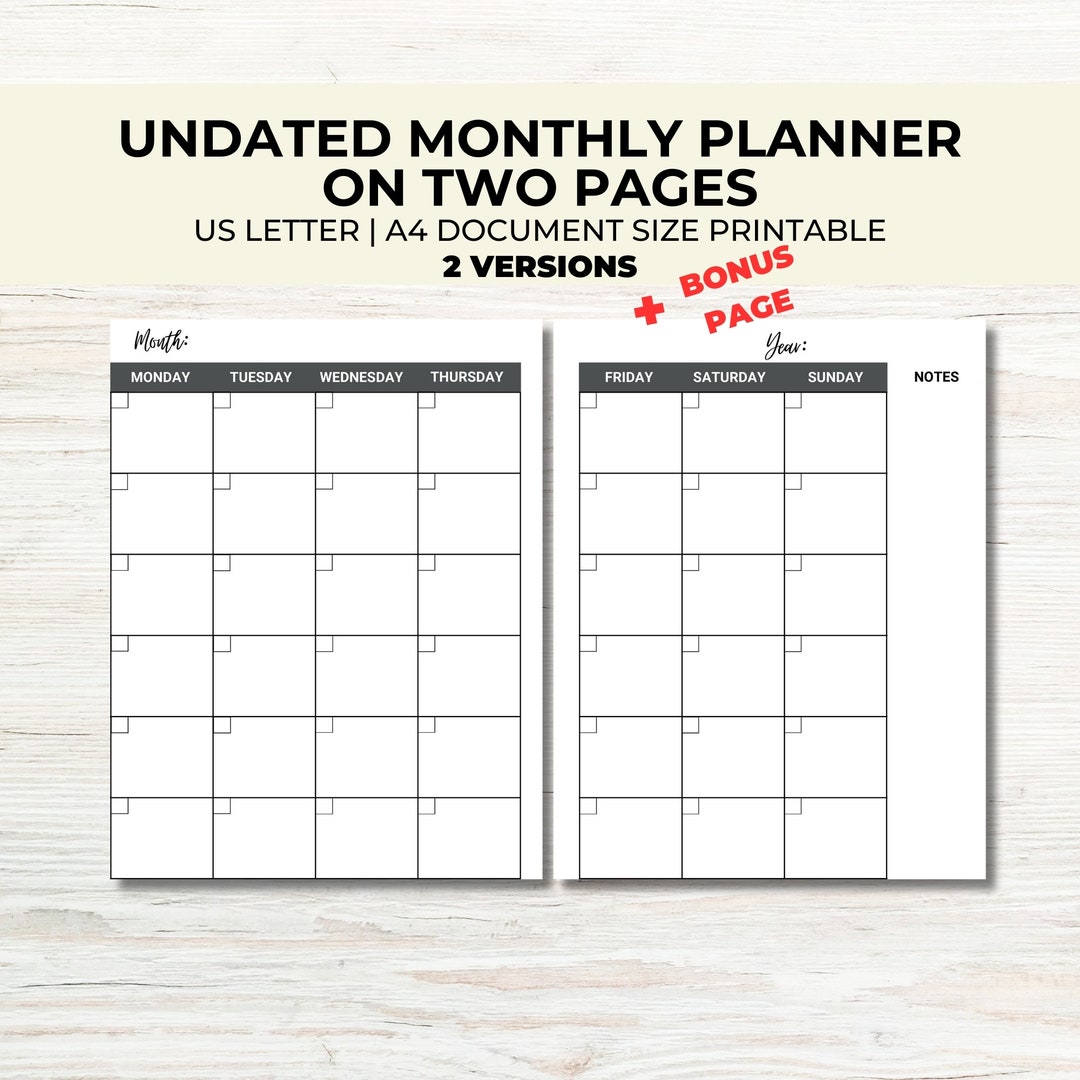 Undated Monthly Planner Calendar Printable Insert Minimalist Calendar ...