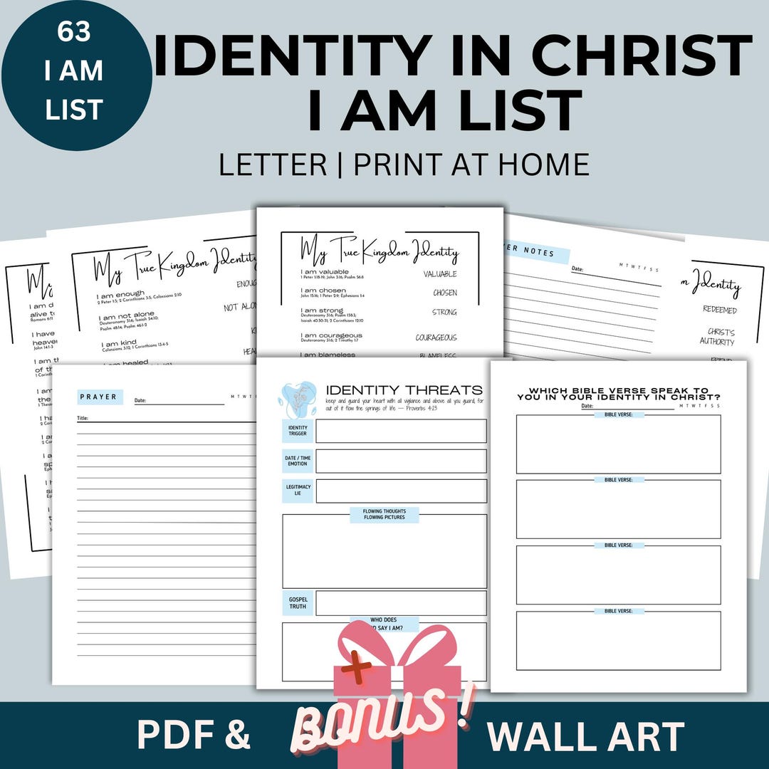 Identity in Christ I Am List Printable Worksheet Set Christian Identity ...