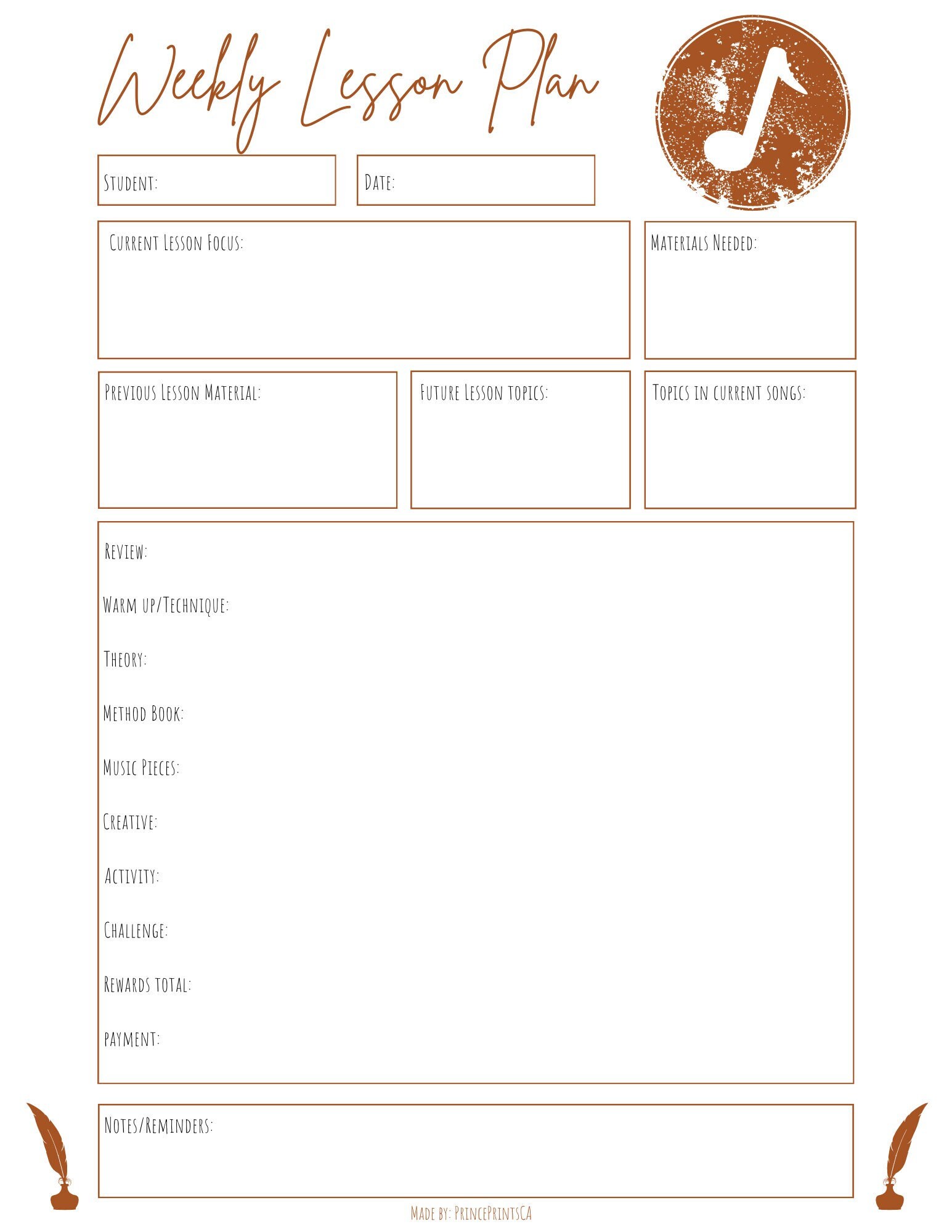 Weekly Lesson Plan Music Teaching Printable - Etsy